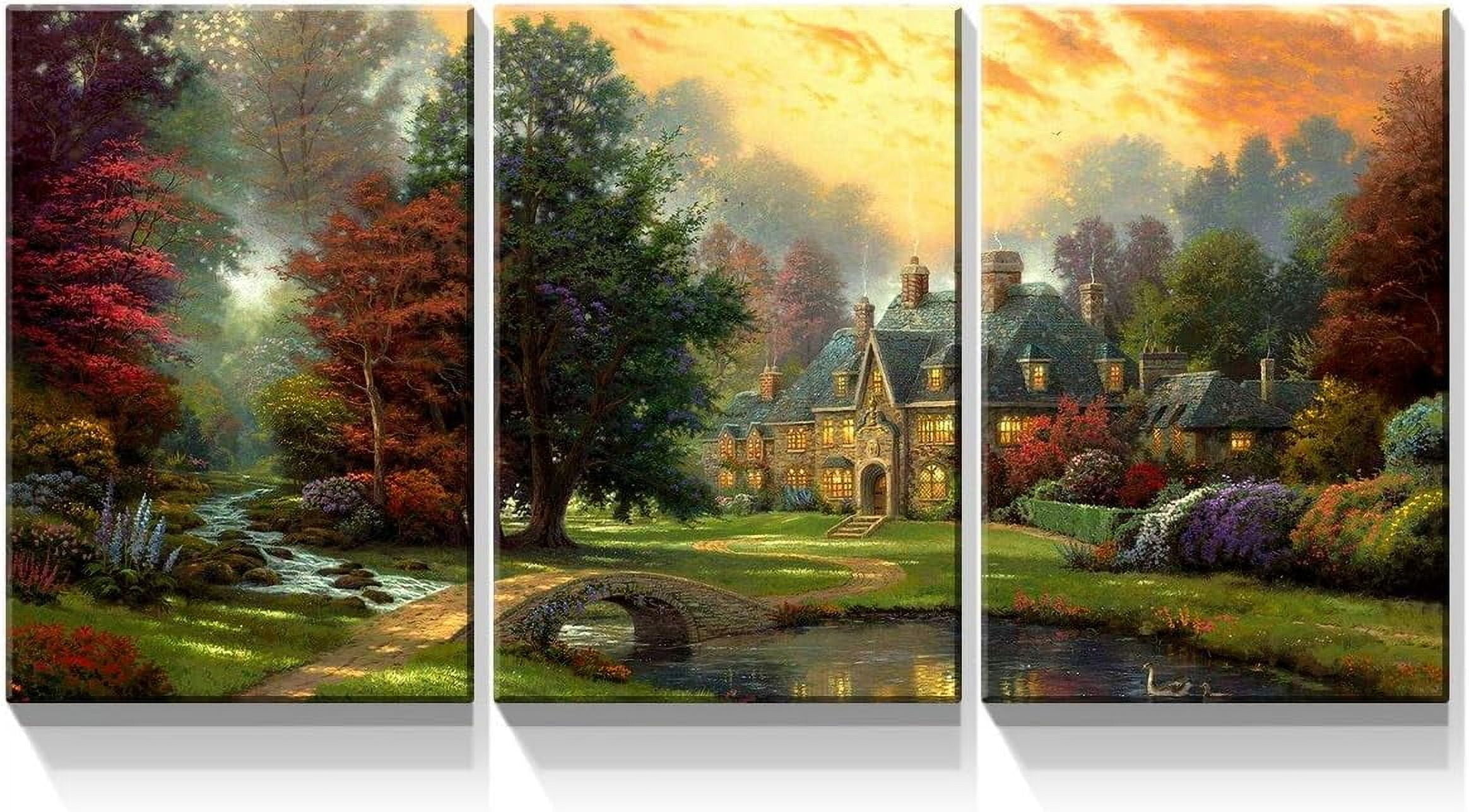 Denozer - 3 Panels Canvas Wall Art Thomas Kinkade Garden Landscape Oil ...