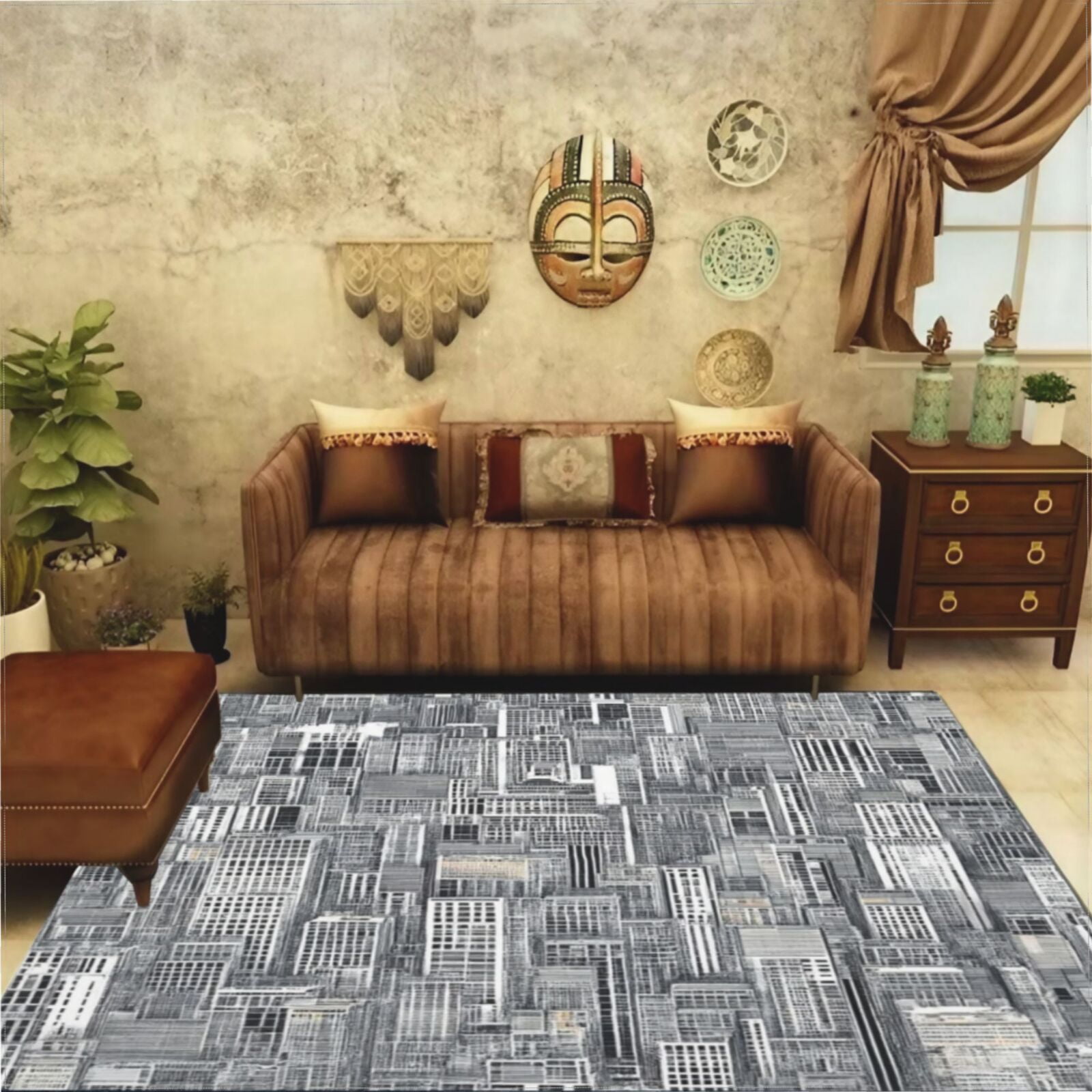 Dense City Grayscale Sketch Light Luxury Retro Carpet Large Size Living ...