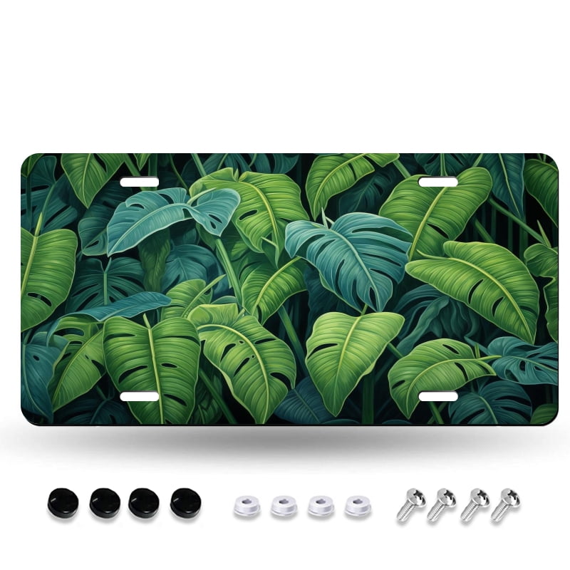 Dense Monstera Leaf Pattern with Green Gradation License Plate Frame ...
