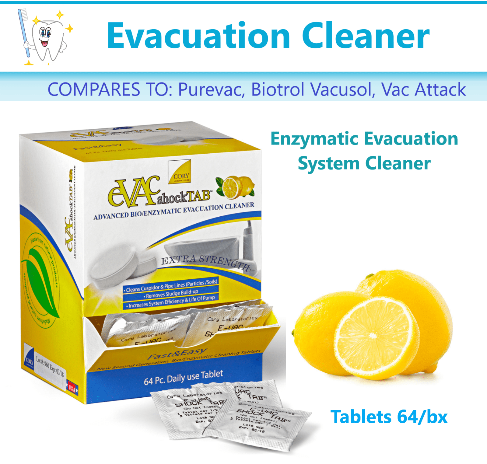 Dental Evac Shock Enzymatic Evacuation System Cleaner Tablets, 64/Bx ...