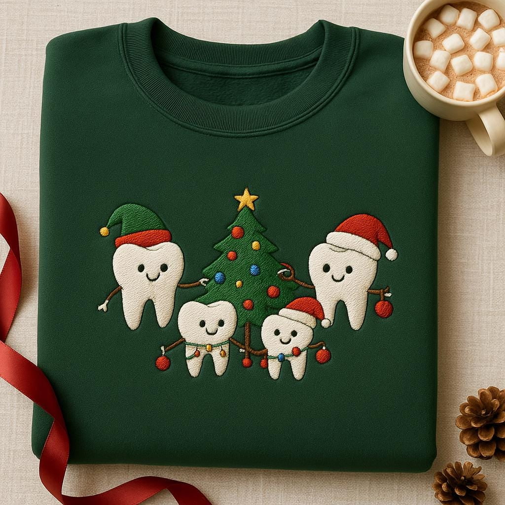 Dental Family Christmas Tree Embroidered Sweatshirt, Cute Tooth Holiday ...