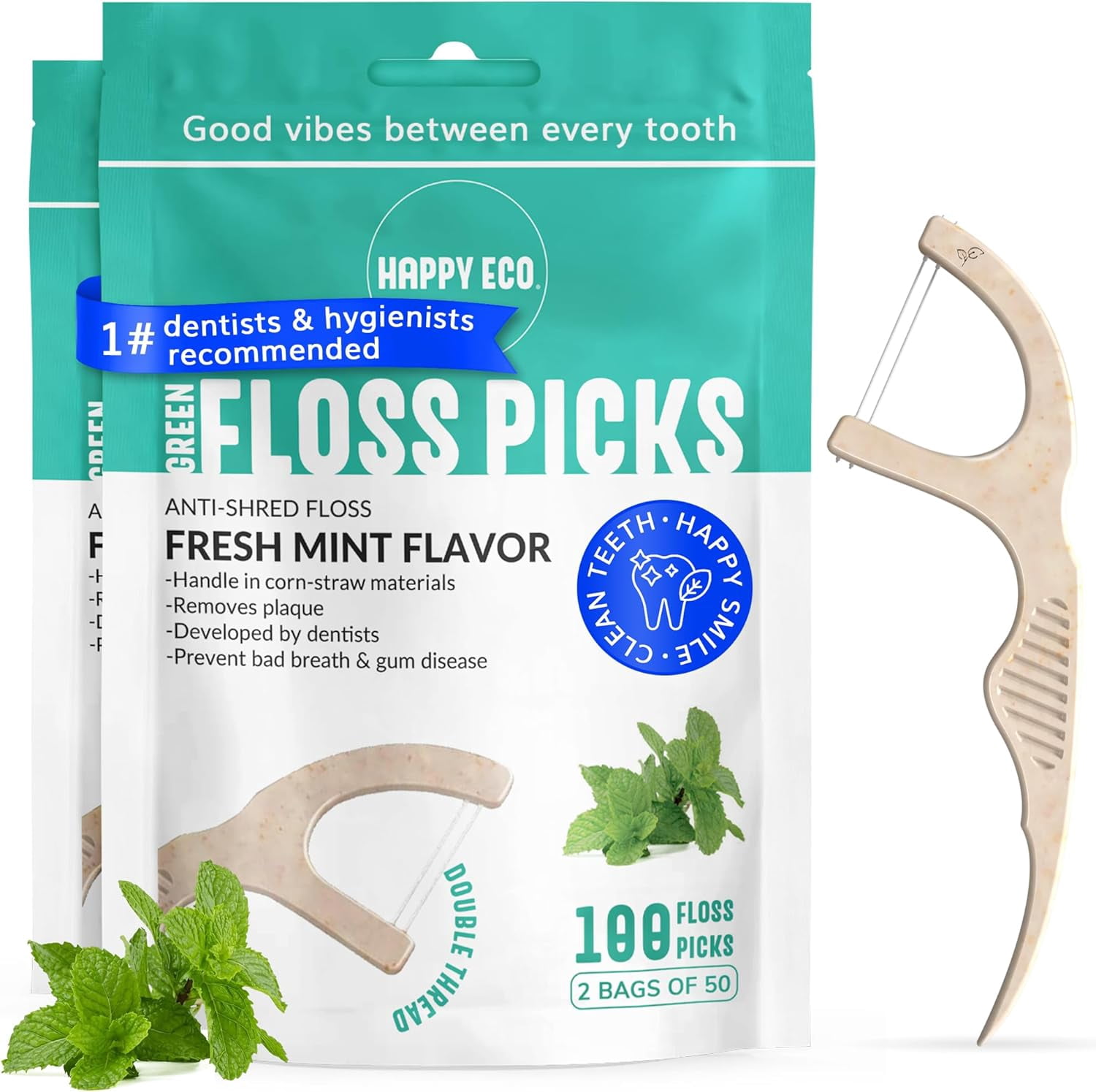 Dental Floss Picks (100pcs) - Flossers for Adults, Vegan Corn-Straw ...