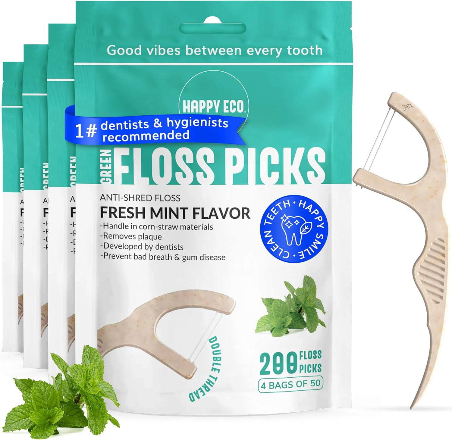 Dental Floss Picks (200pcs) - Flossers for Adults, Vegan Corn-Straw ...