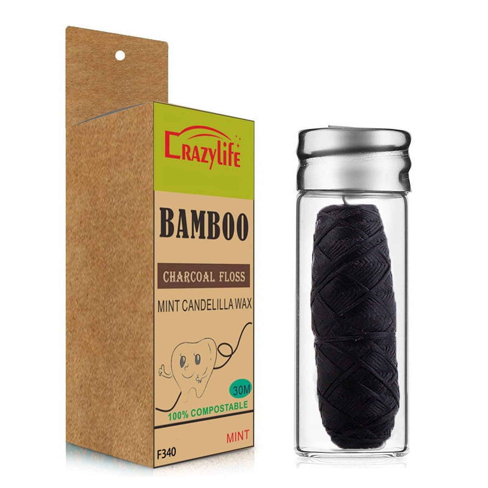 CozyHome Bamboo Charcoal Dental Floss with Refillable Glass Container ...