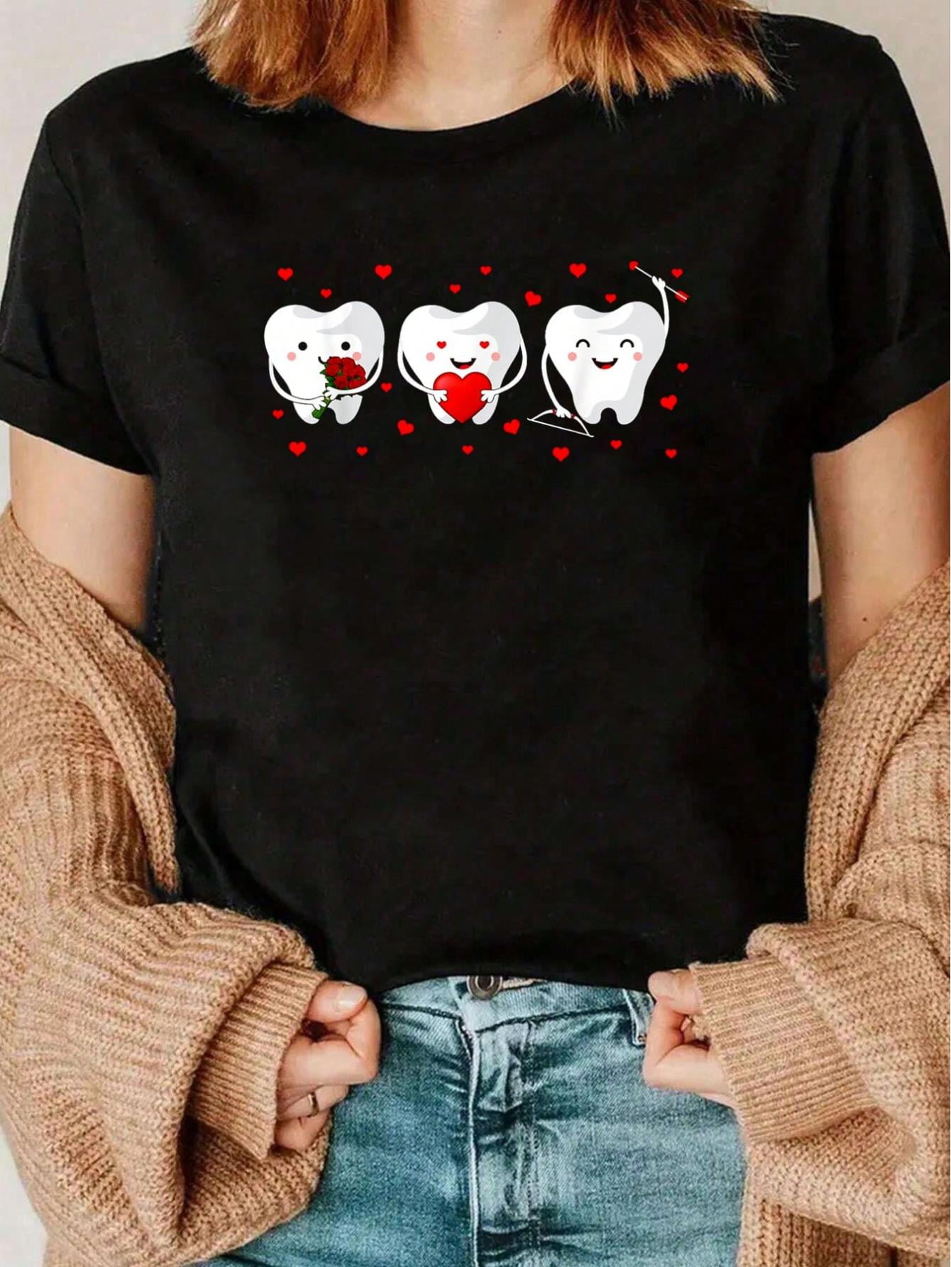 Dental Valentine's Day Cute Teeth Hugging Heart Rose Gifts T-Shirt Crew ...