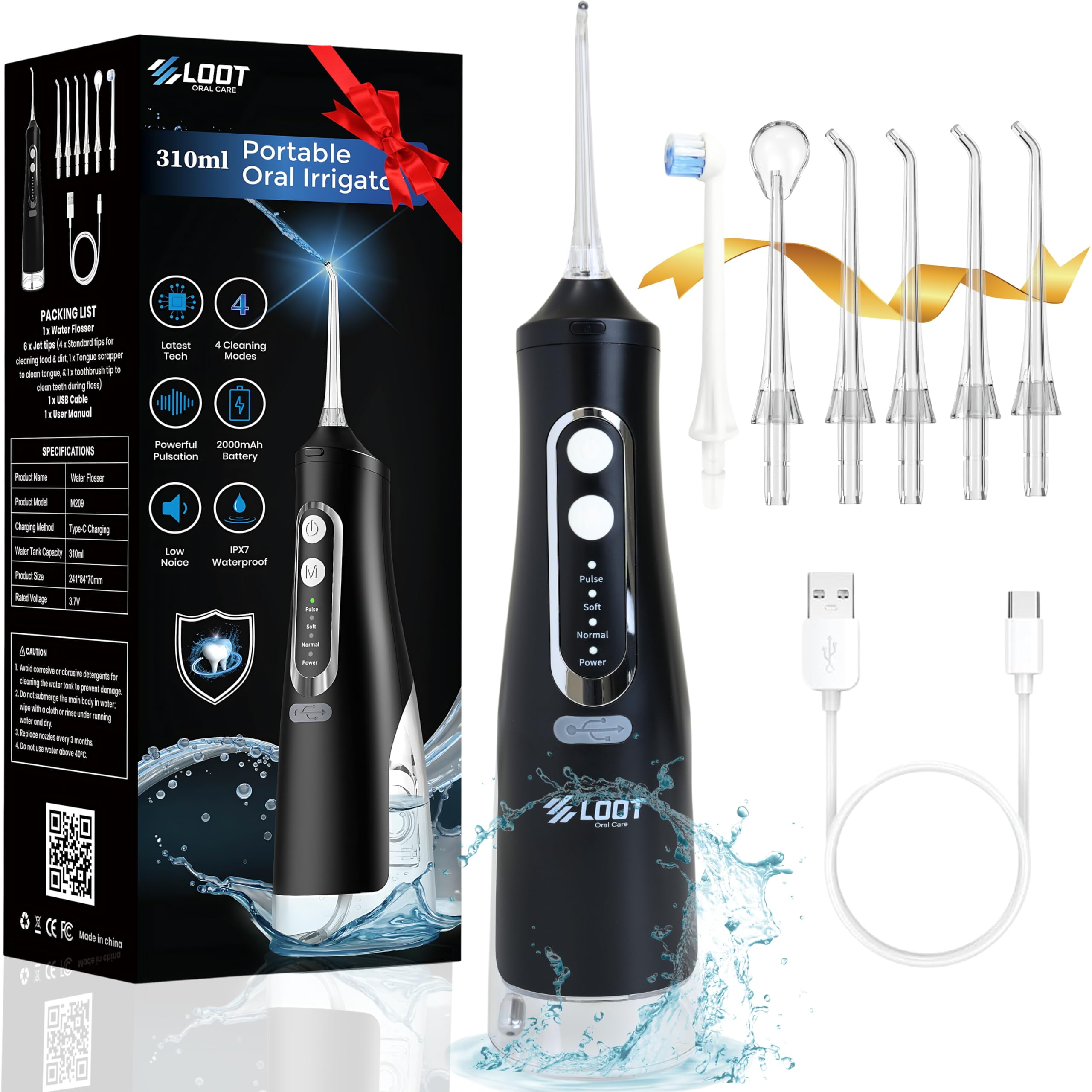 Dental Water Flosser Cordless, DHF10 310ML Electric Flosser with 4 Cleaning Modes & 6 ...