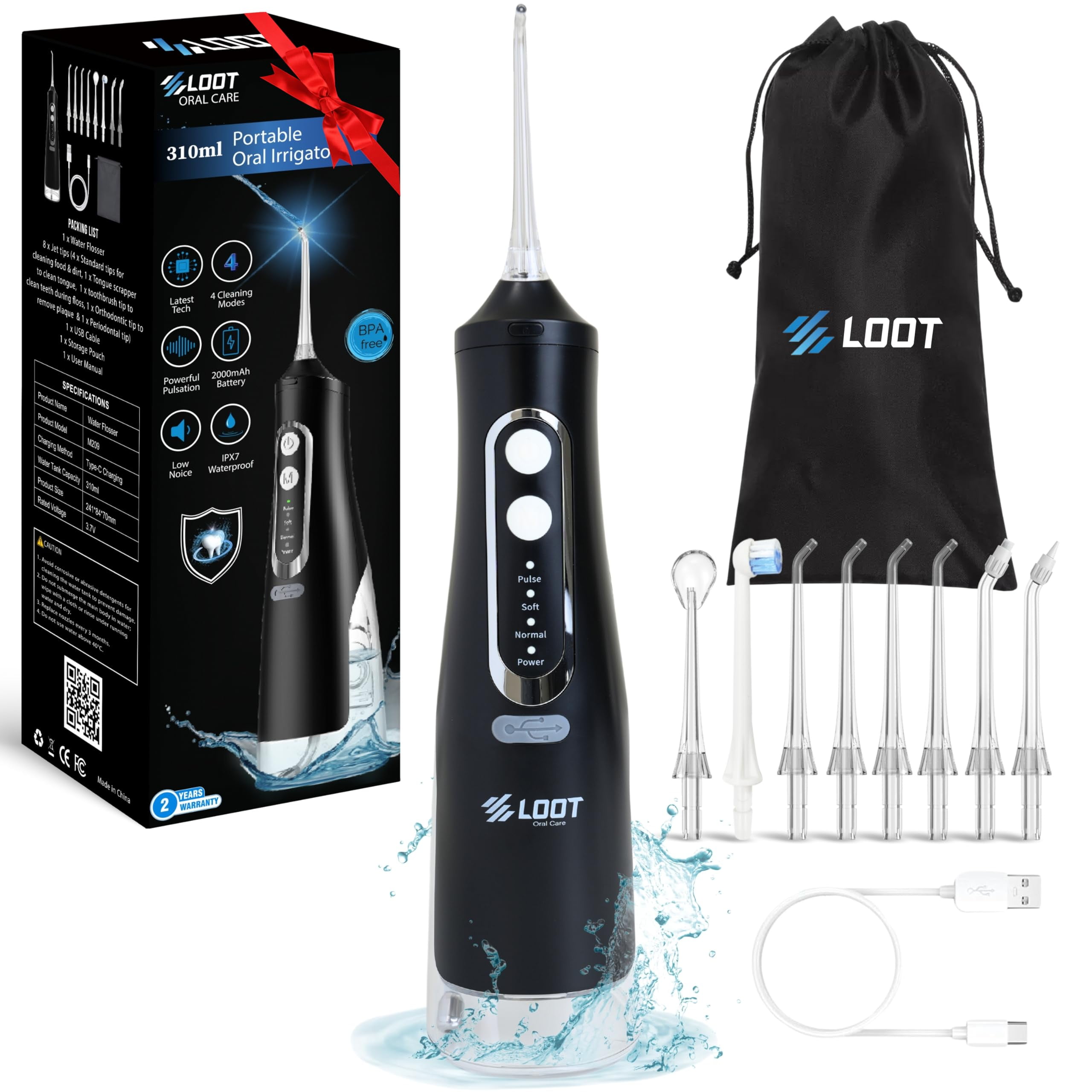 Dental Water Flosser Cordless, WHF2 310ML Electric Flosser with 4 Cleaning Modes & 8 Replaceable ...