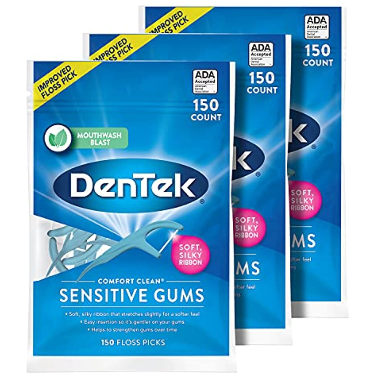 Dentek Comfort Clean Sensitive Gums Floss Picks, Soft & Silky Ribbon ...