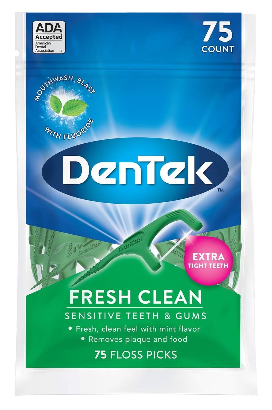 Dentek Floss Picks Fresh Clean Sensitive Teeth/Gums 75 Count (Pack of 3 ...