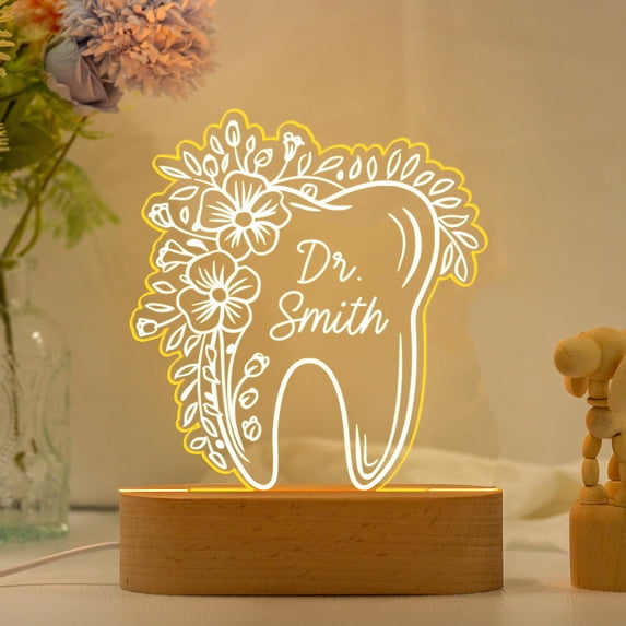 Dentist Tooth Design Custom LED Lamp Acrylic Board Wooden Base ...
