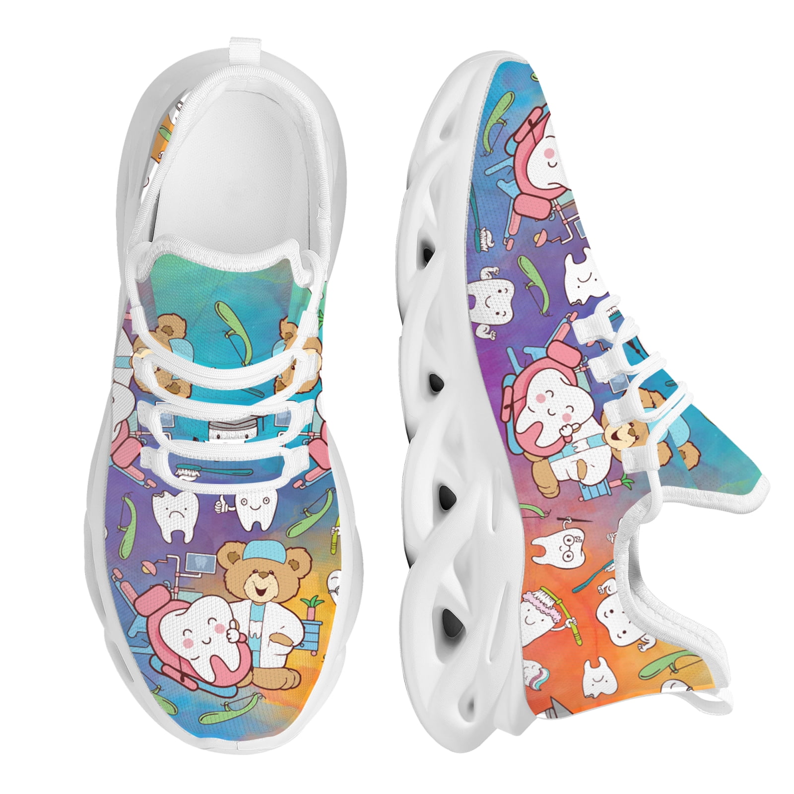 Dentist Tooth Women White Casual Flat Shoes Cute Cartoon Dental Shoes ...