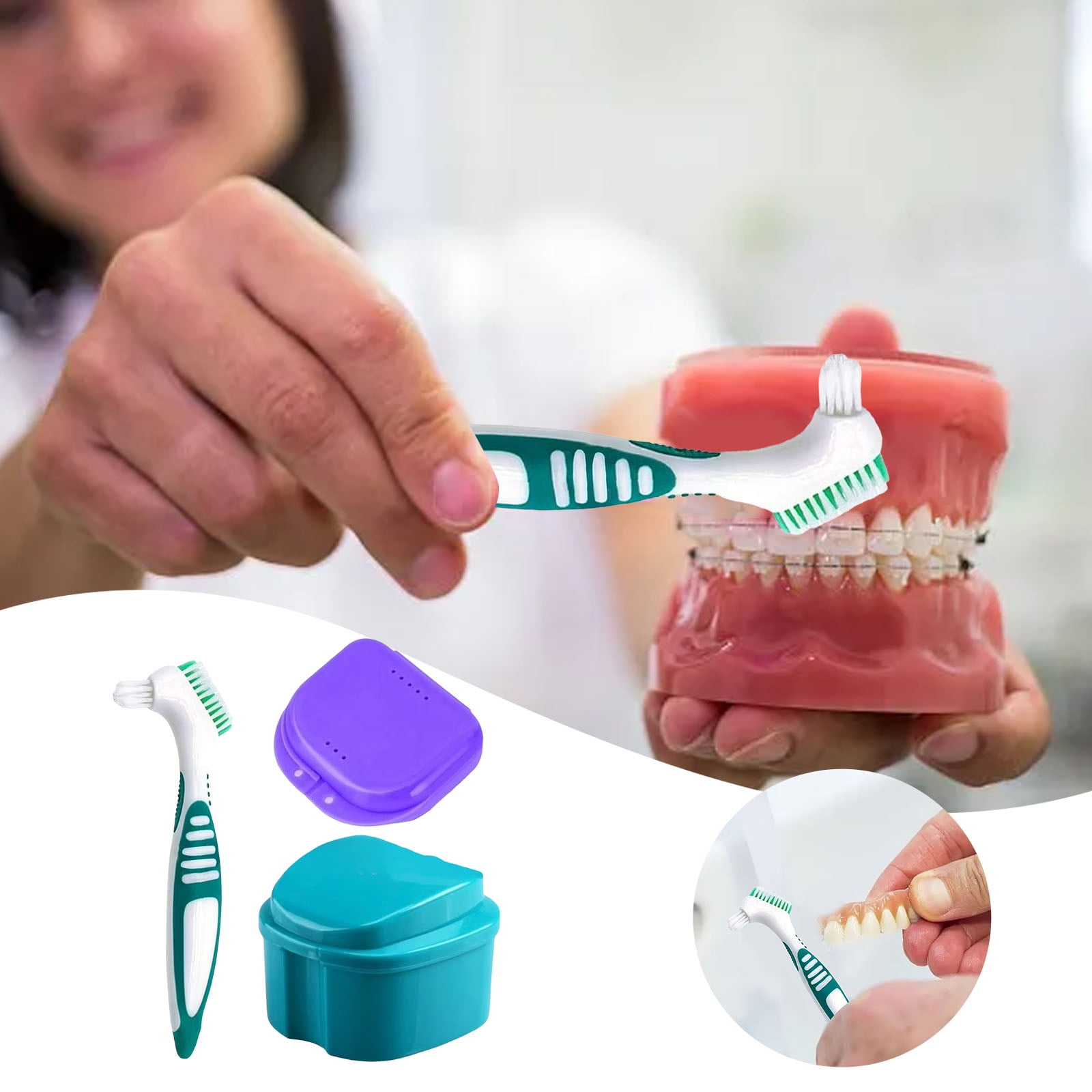 Denture Bath Case Cup With Denture Cleaner Brush & Retainer Holder Box ...