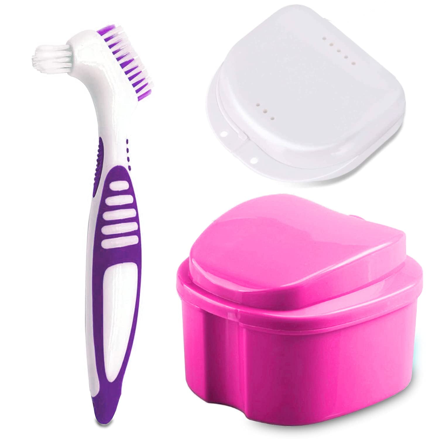 Denture Bath Case Cup with Denture Cleaner Brush & Retainer Holder Box ...