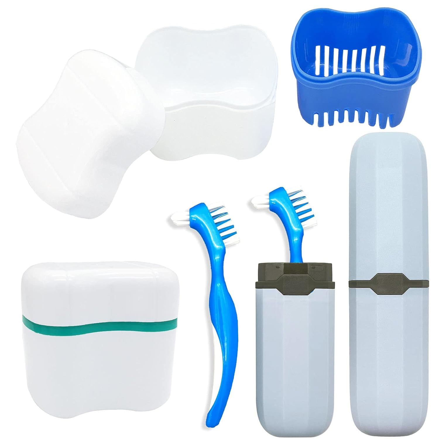 Denture Case Kit, 2 Denture Bath Cups with 2 Denture Brush & 2 Portable ...