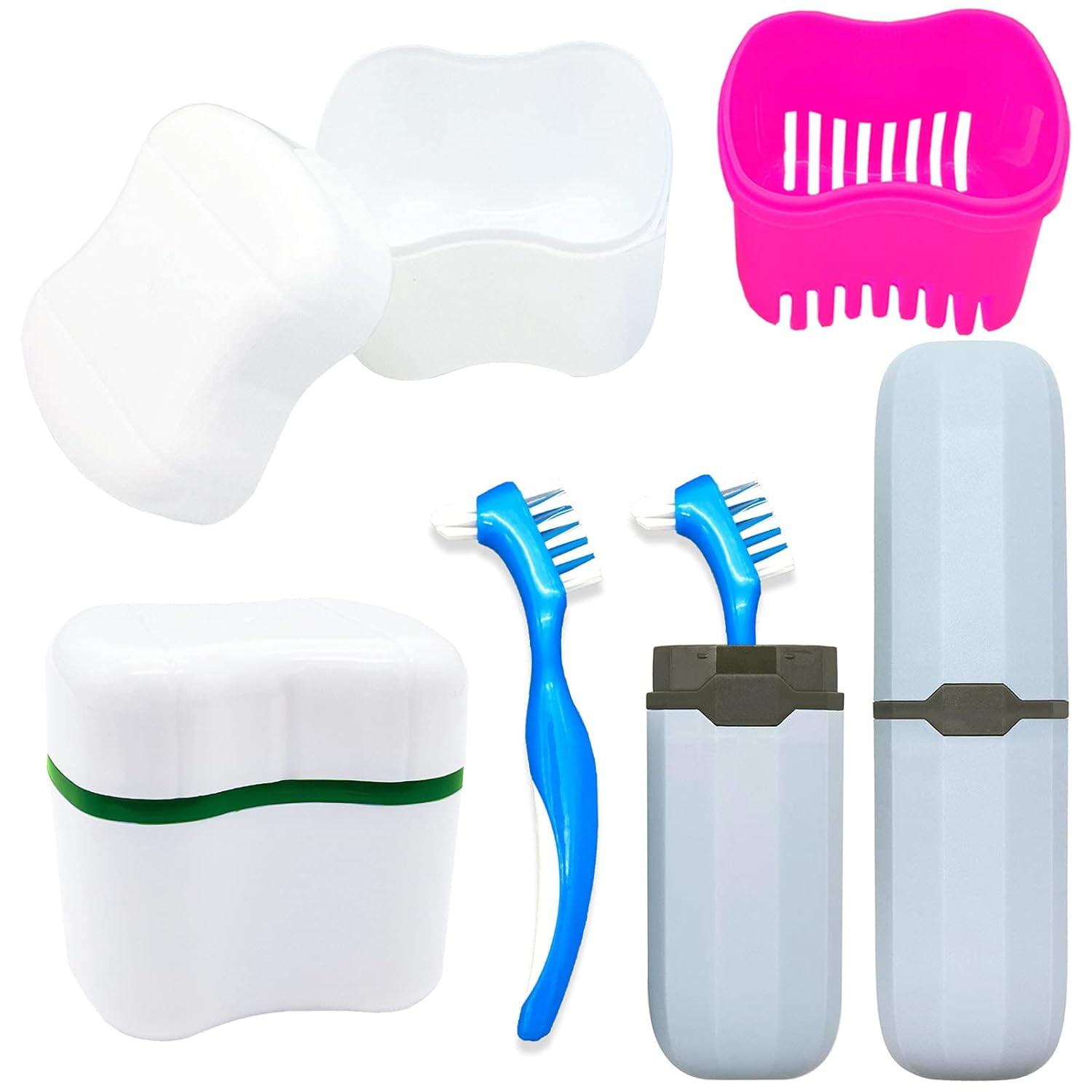 Denture Case Kit, 2 Denture Bath Cups with 2 Denture Brush & 2 Portable ...