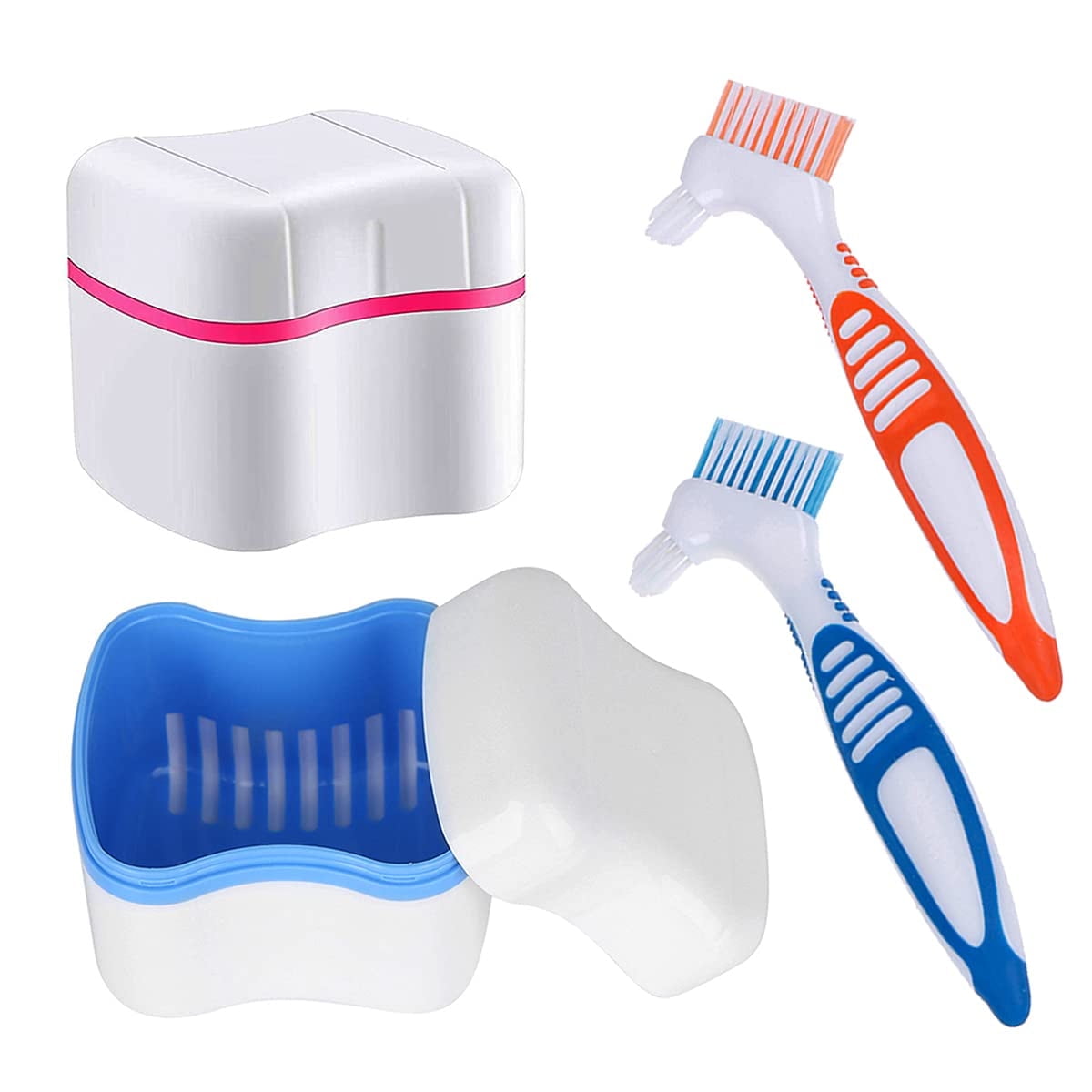 Denture Cleaner Box and Brush Set - 2 Pack Denture Bath Case with ...