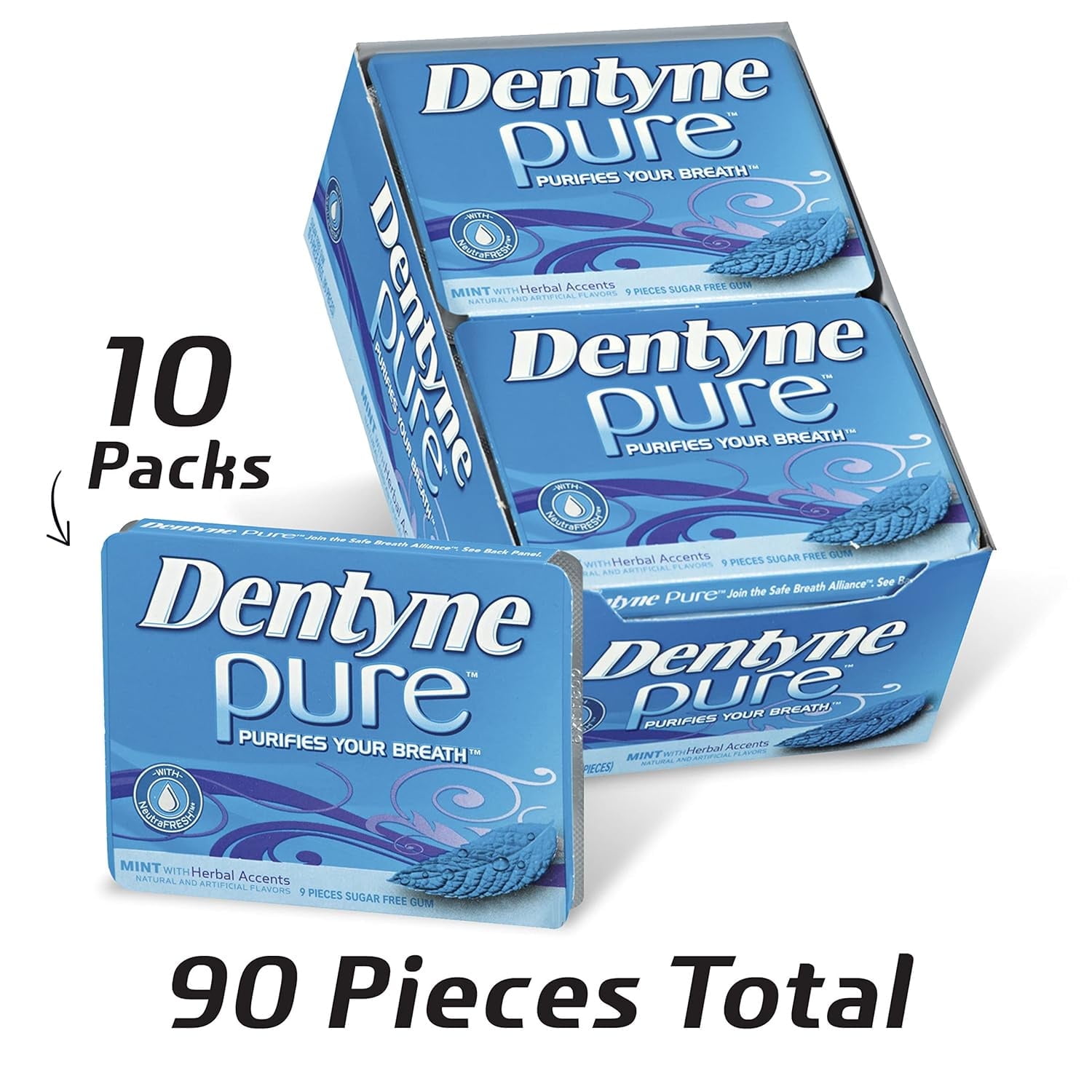 Dentyne Pure Mint with Herbal Accents Sugar Free Gum, 10 Packs of 9 ...