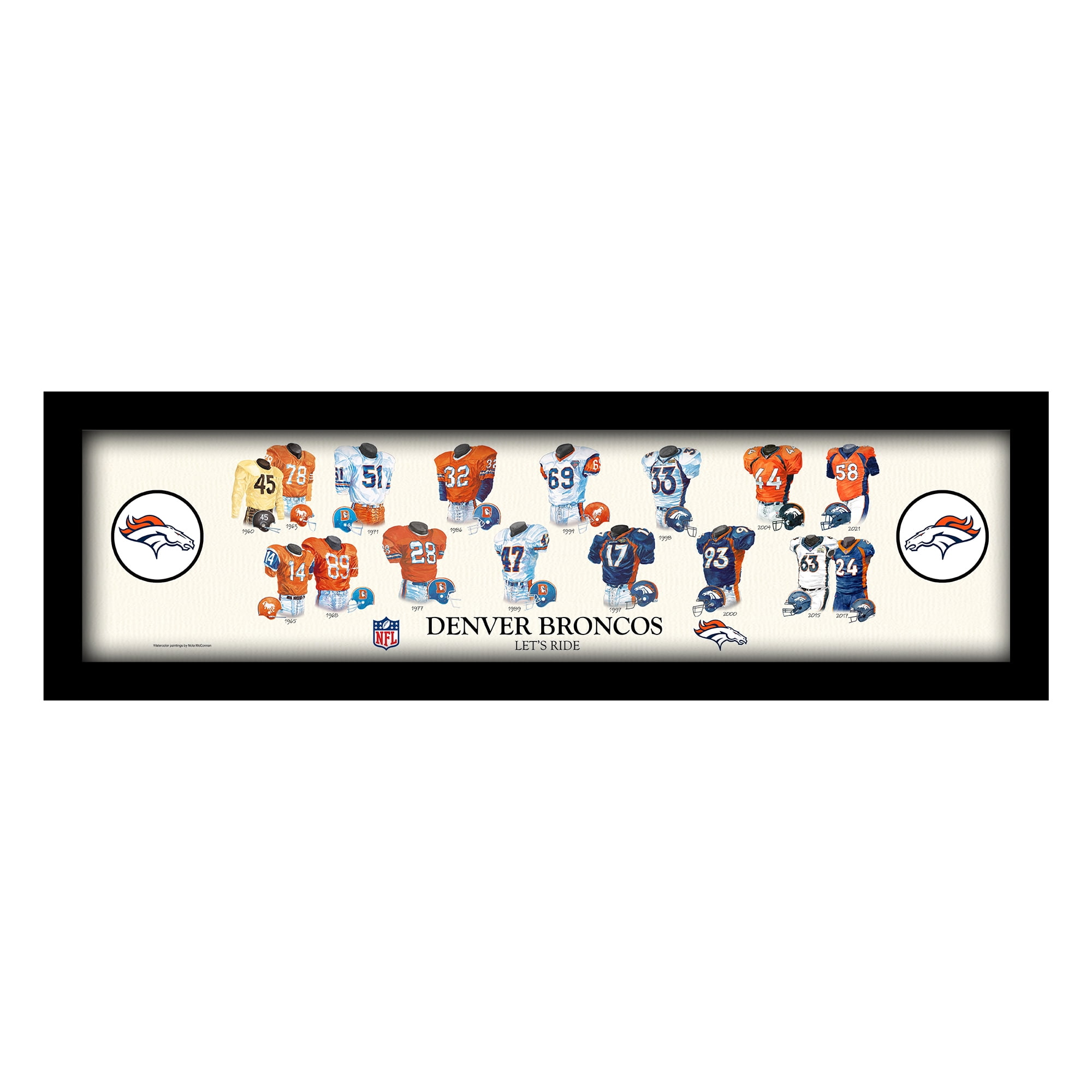 Denver Broncos 12" x 36" Team Uniform Heritage Framed Wall Art ...