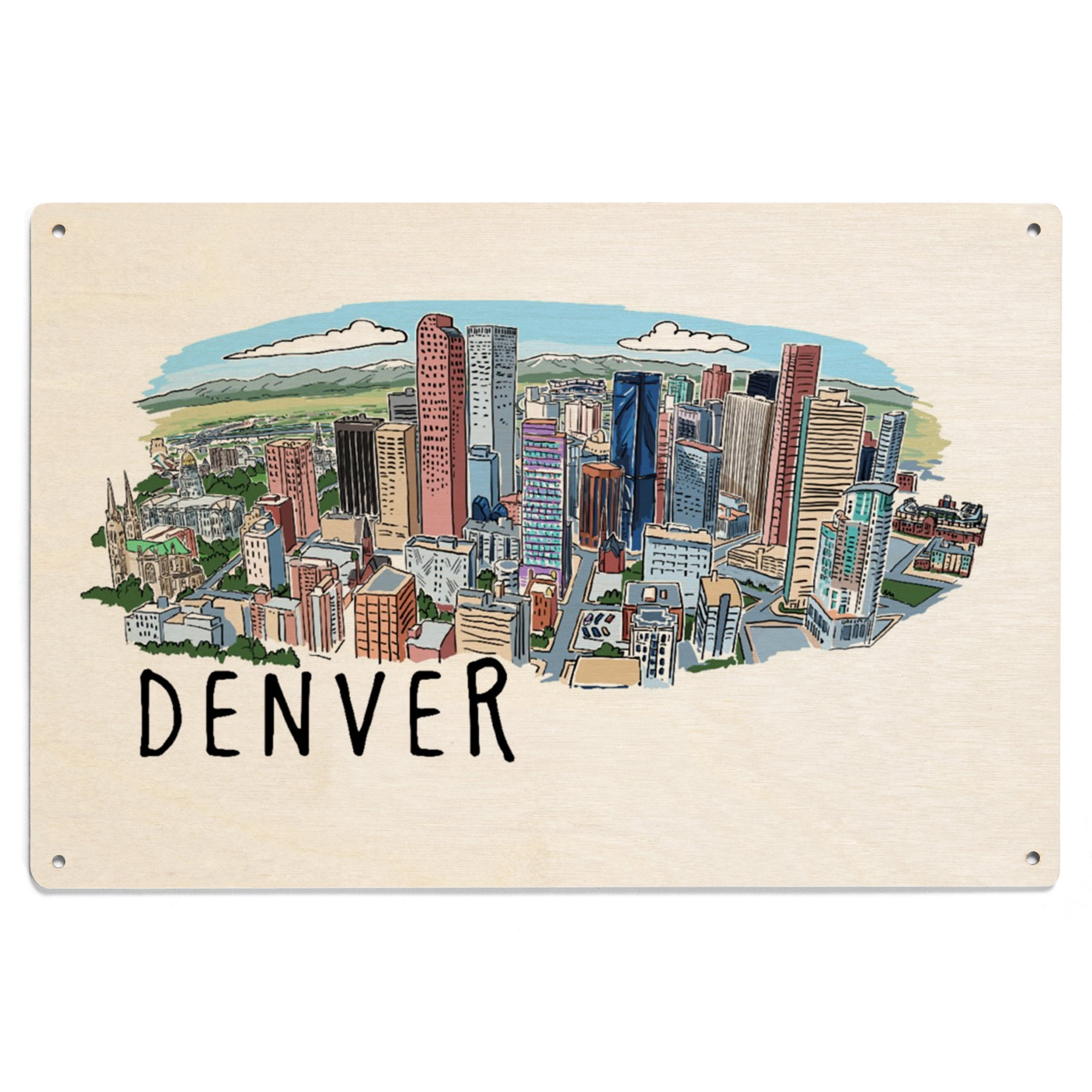 Denver, Colorado, Cityscape, Line Drawing Birch Wood Wall Sign (6x9 ...