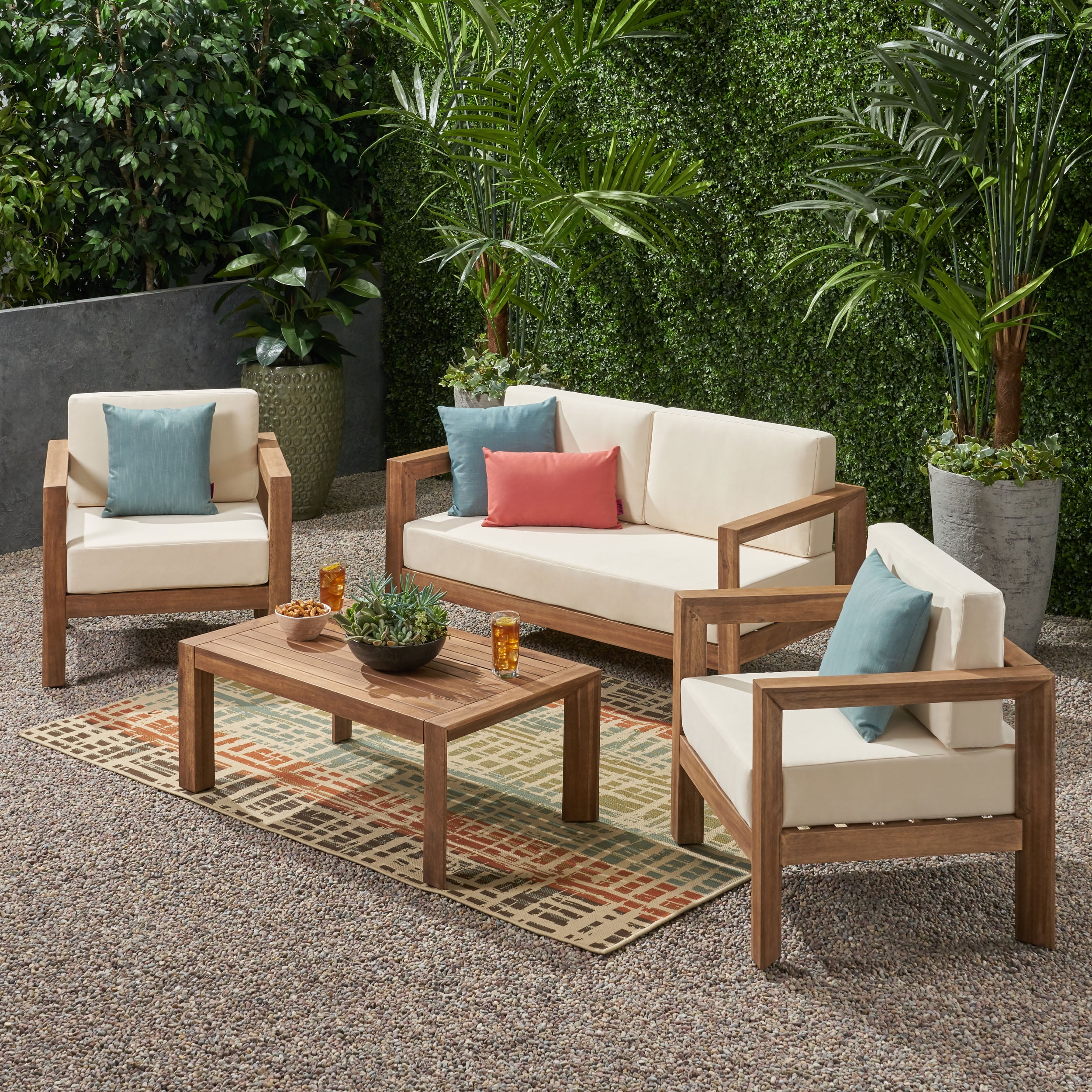 Denver Outdoor 4 Seater Acacia Wood Chat Set, Brown, Beige - Walmart.com