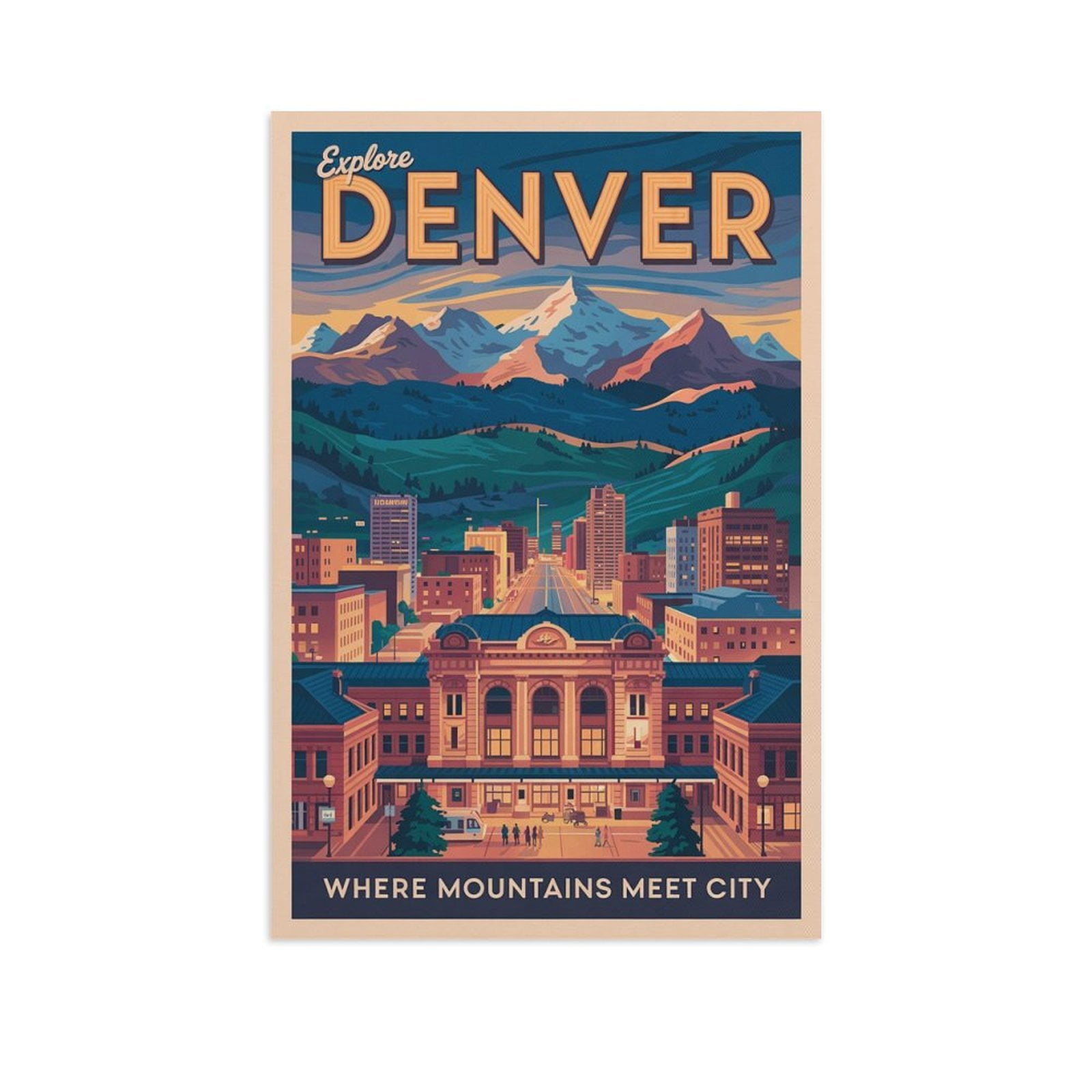 Denver Retro Travel Poster Vintage U.S. City Tourism with Rocky ...