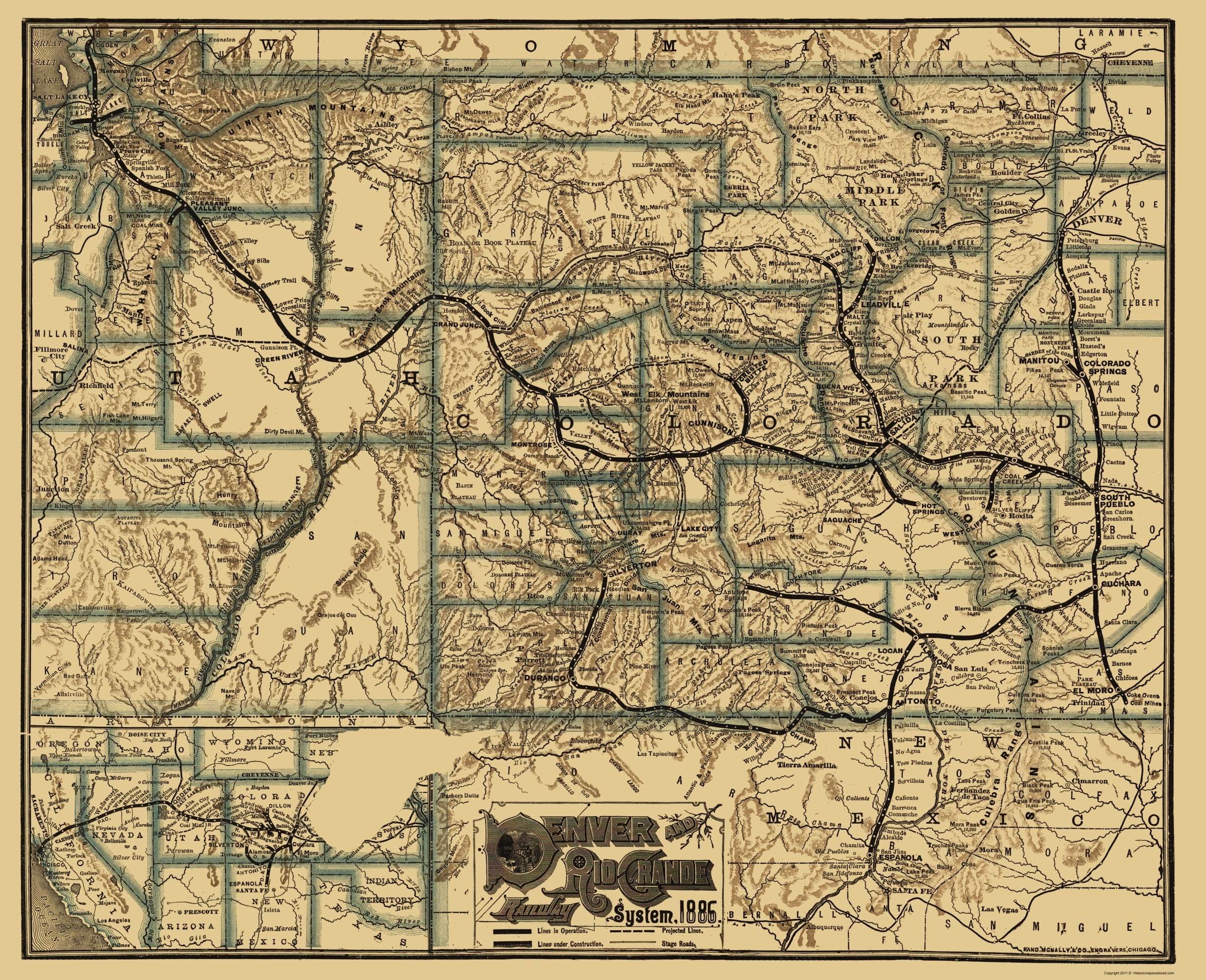 Railroad Map - Denver and Rio Grande Railway - Rand McNally 1886 - 23 x ...