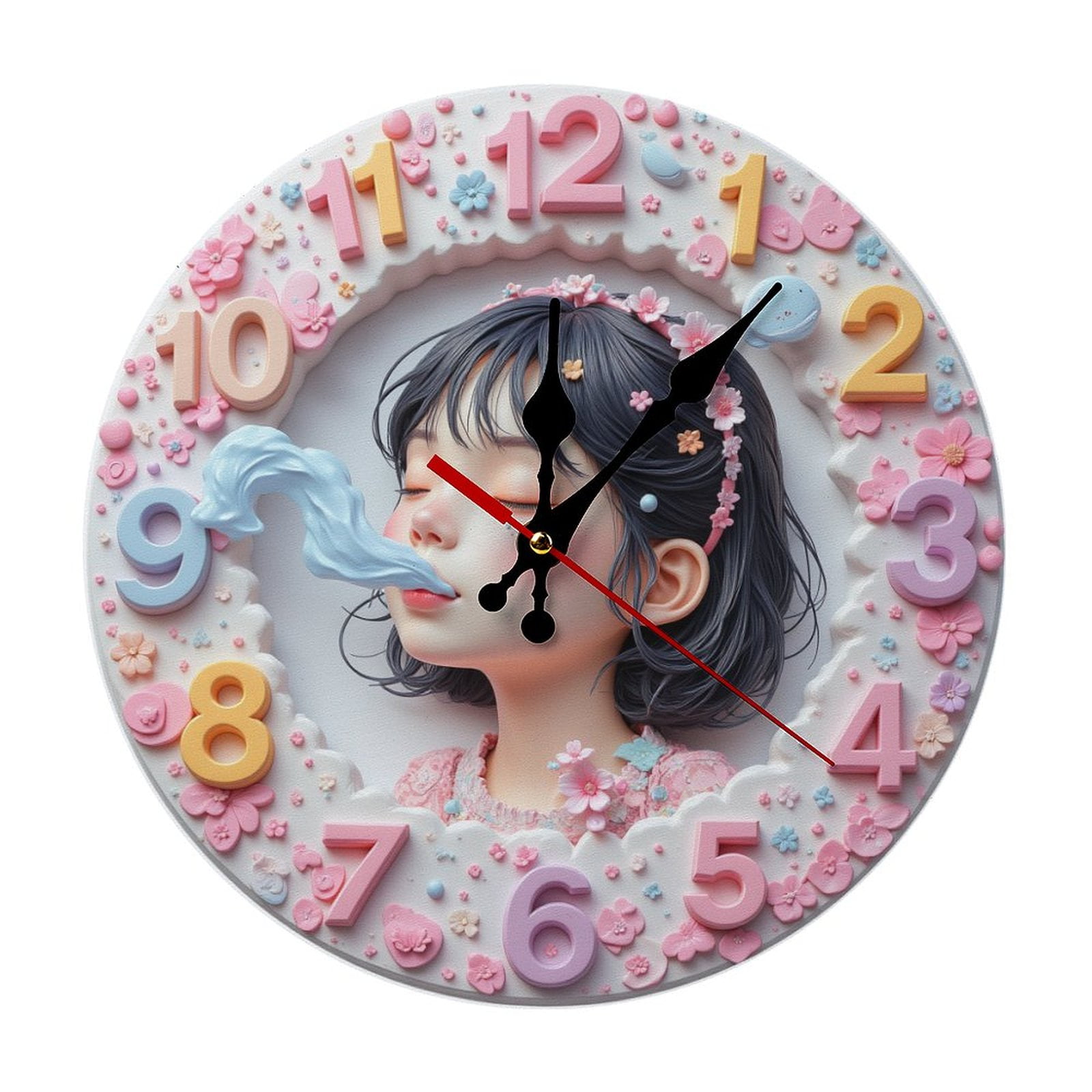 Depicts a person with dark hair in a pink outfit with small decorative ...