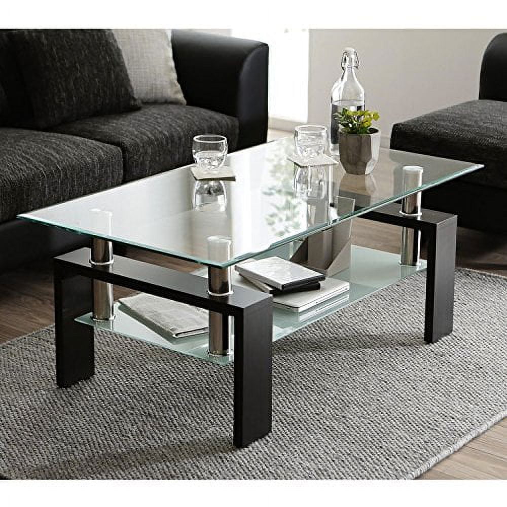 Depointer Life Glass Coffee Table, Rectangle Modern Side Coffee Table with Lower Shelf, Perfect ...