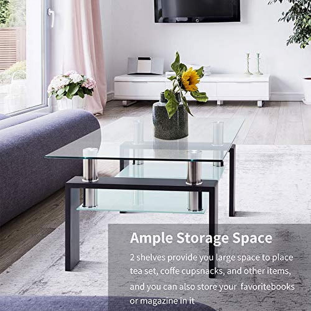 Depointer Life Glass Coffee Table, Rectangle Modern Side Coffee Table with Lower Shelf, Perfect ...