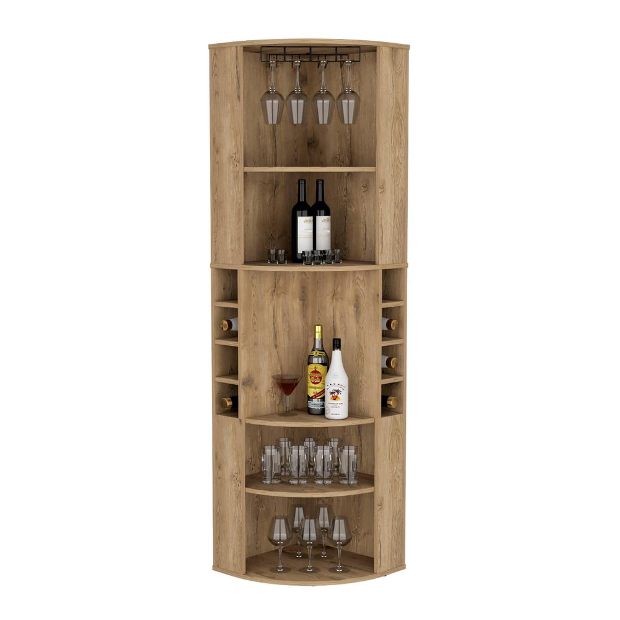 Agra 71" Corner Bar Cabinet with Five Shelves, Eight Bottle Cubbies and ...