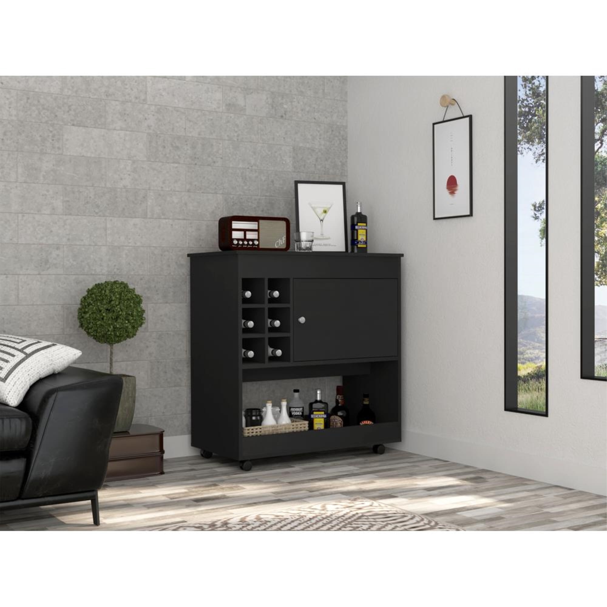DEPOT E-SHOP Lotus Bar Cart-Six Bottle Cubbies, One Cabinet, Countertop ...