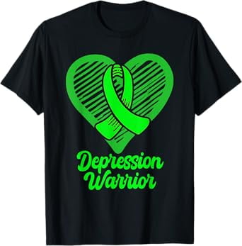 Depression Warrior Heart Green Ribbon Support Mental Health T-Shirt ...