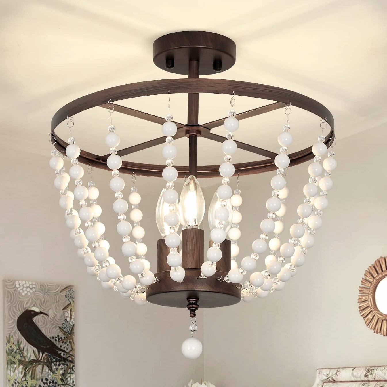 Depuley 3-Light Boho Chandelier, Beaded Pendant Light, Rustic Semi ...
