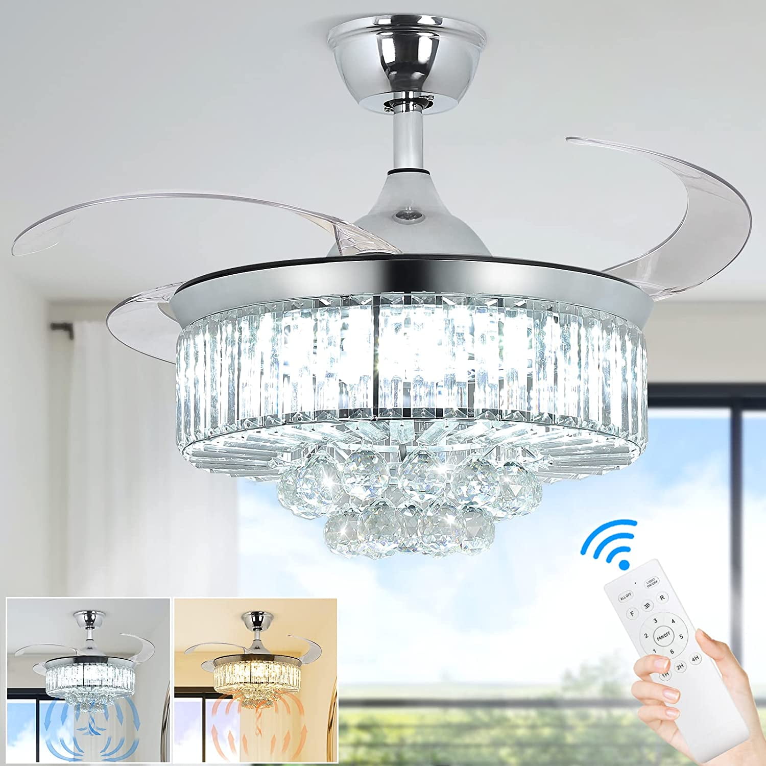 "Depuley 36"" Crystal Chandelier Ceiling Fan with Light, Remote ...