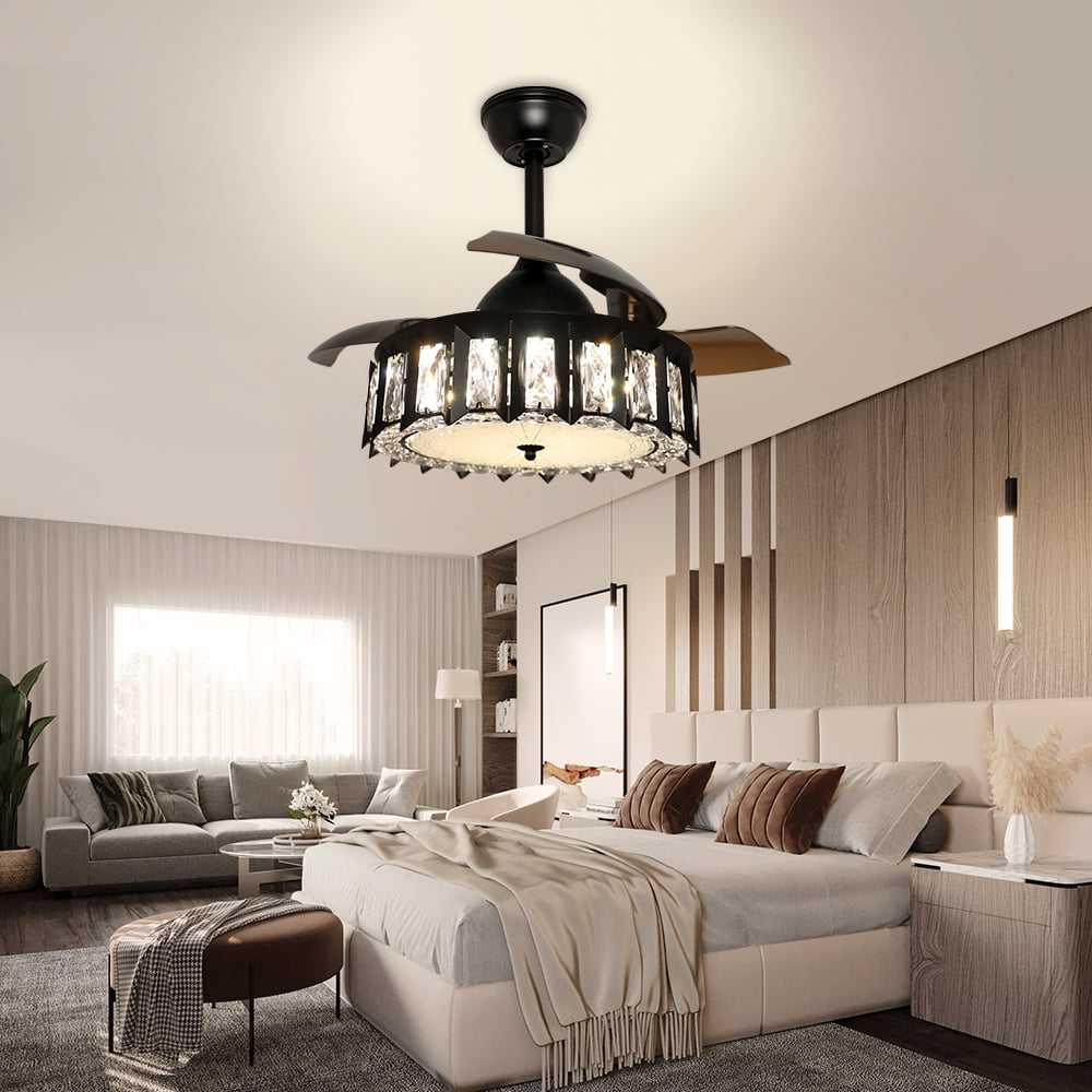 Depuley 42" Crystal Drum Chandelier Ceiling Fan with Light Black Flush ...