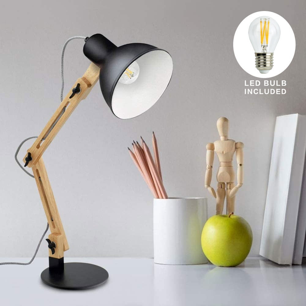 Depuley 4W Swing Arm LED Desk Lamp Wood Table Lamp with Black Metal ...