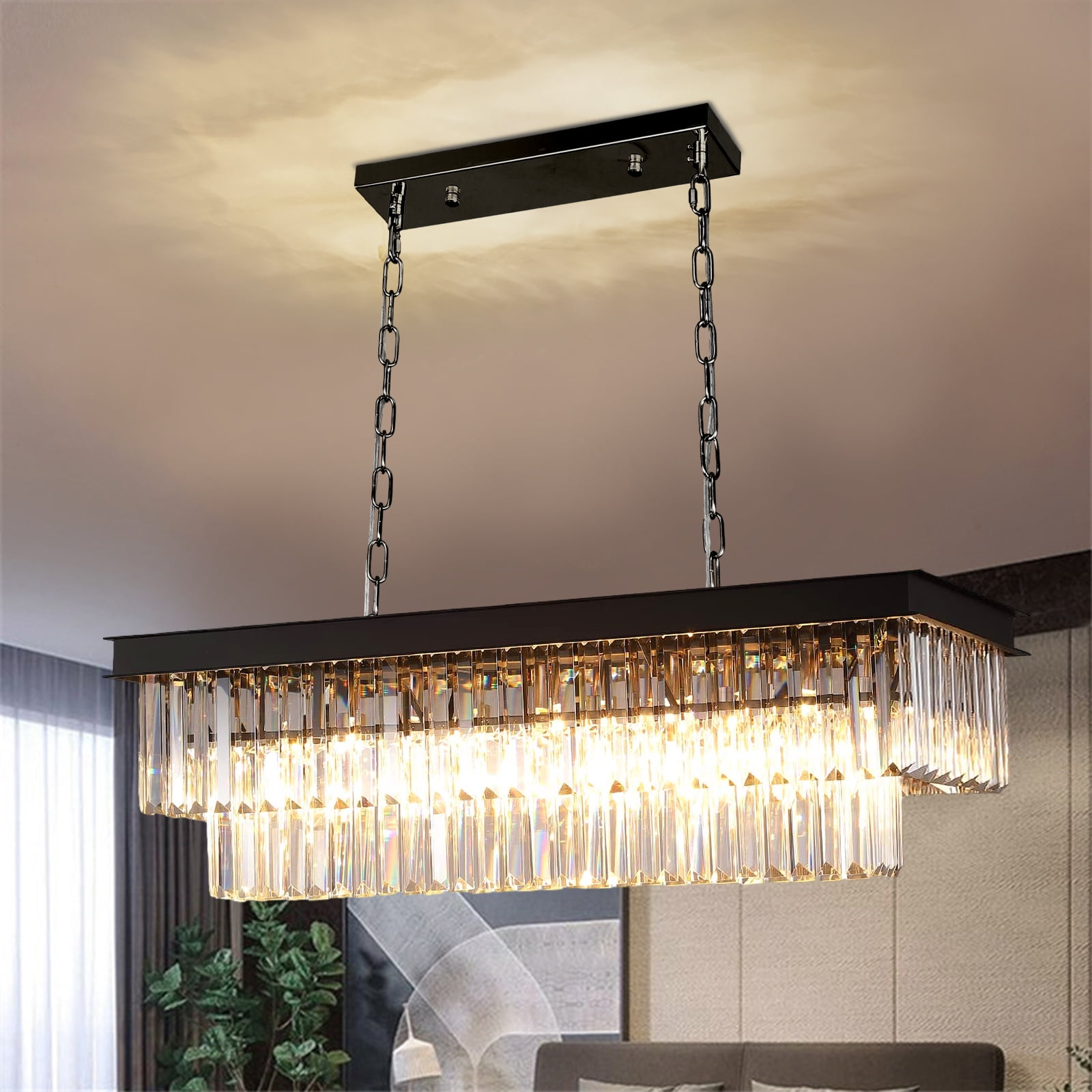 Depuley 6 Light Black Rectangular Chandelier Crystal Chandelier Ceiling Light Modern Pendant ...