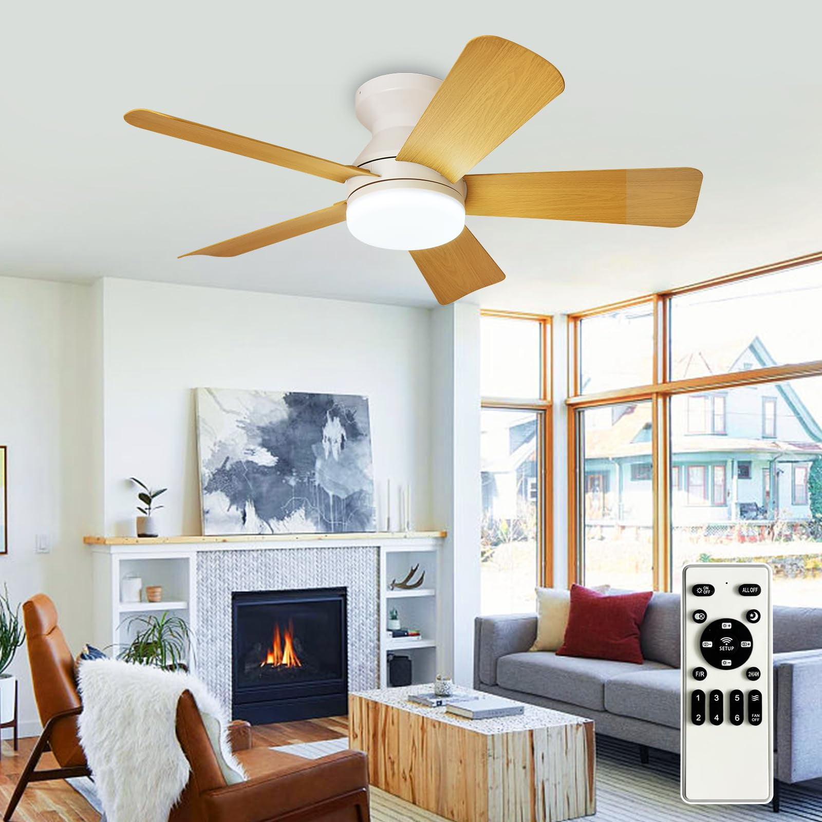 Depuley Ceiling Fans with Lights for Bedroom: 35 Inch Wood Low Profile ...