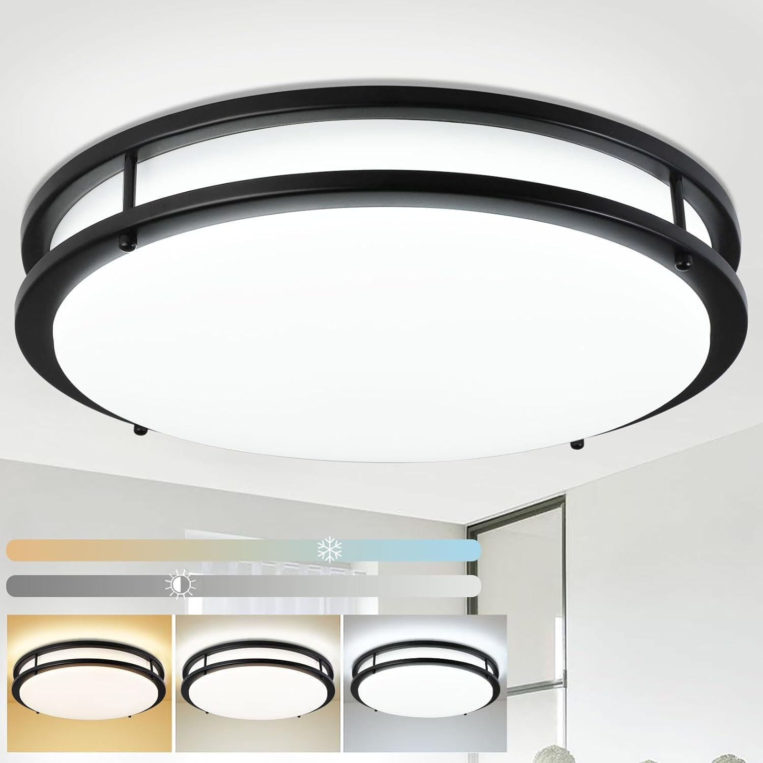Depuley Modern LED Flush Mount Ceiling Light with Remote, 18“ Black ...