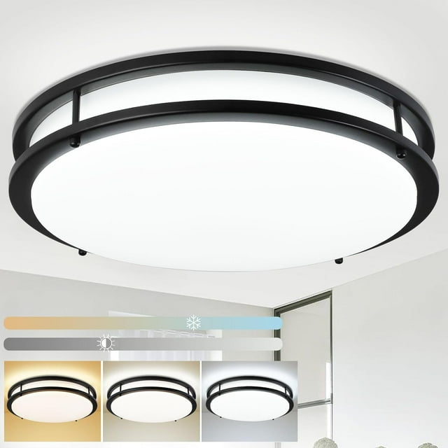 Depuley Modern LED Flush Mount Ceiling Light with Remote, 18“ Black ...