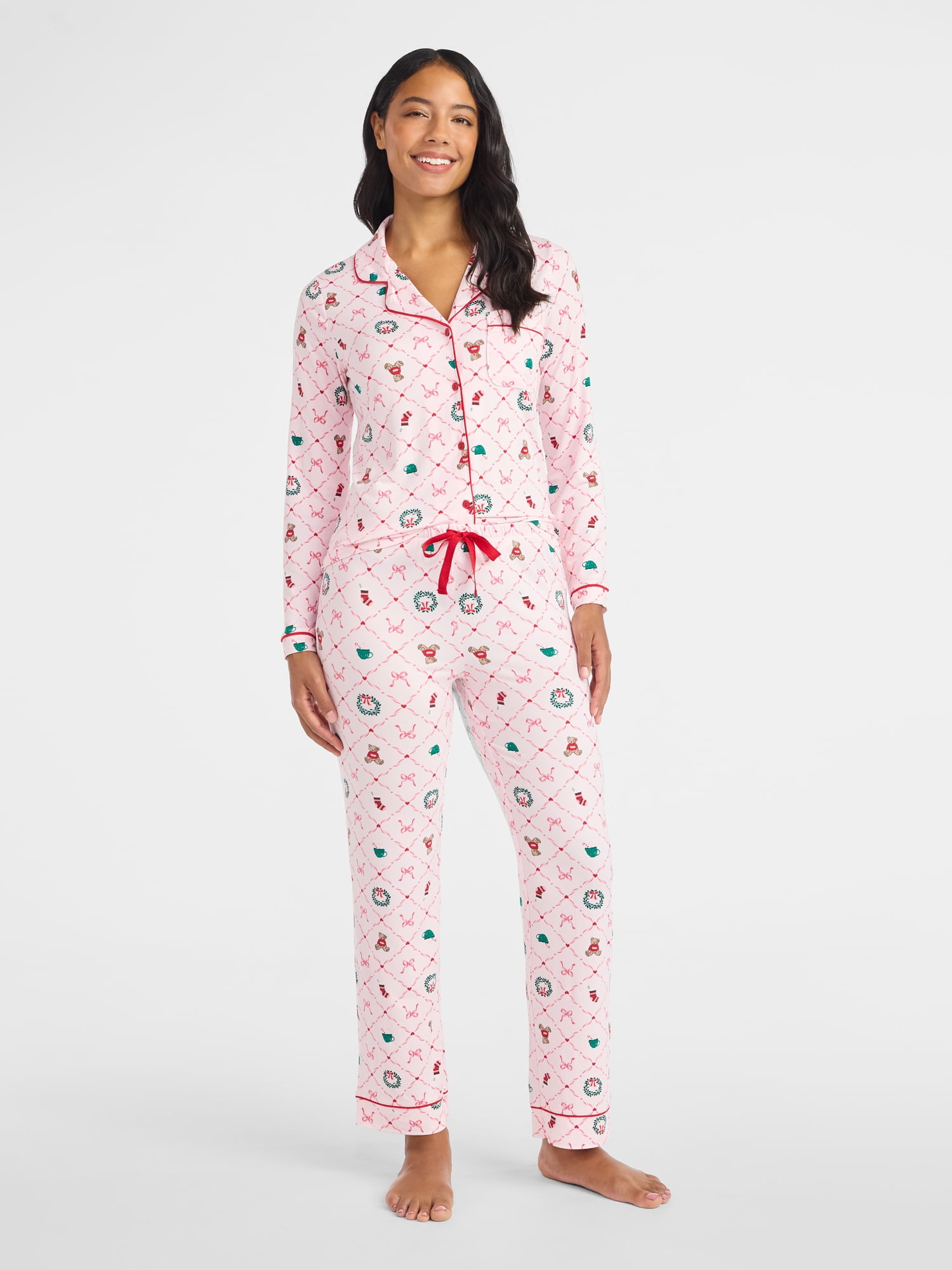 Derek Heart Women's Holiday Notch Collar Top and Pants Pajama Set, 2 ...
