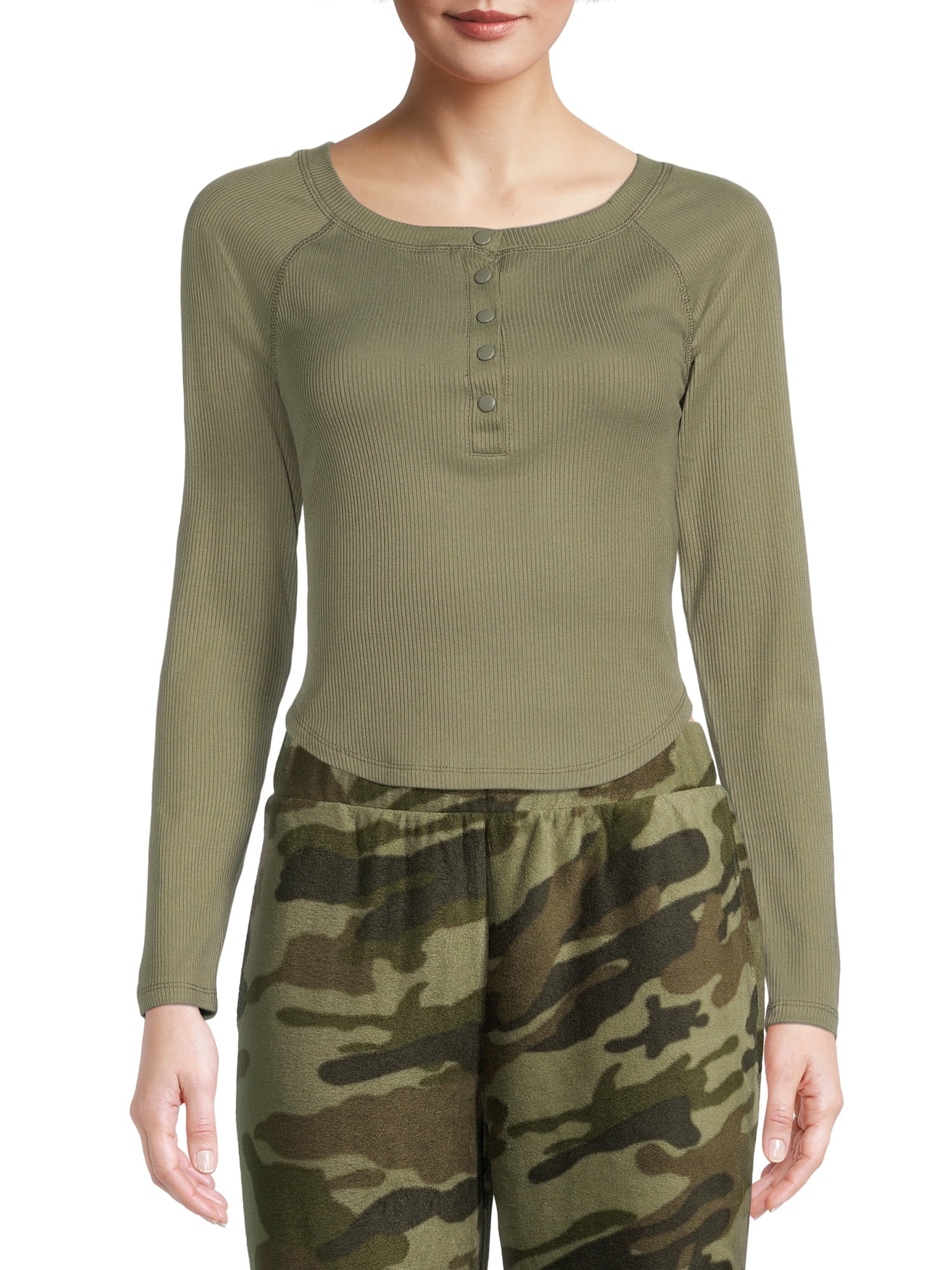 Derek Heart Women's Juniors Fitted Baby Raglan Ribbed Henley Long ...