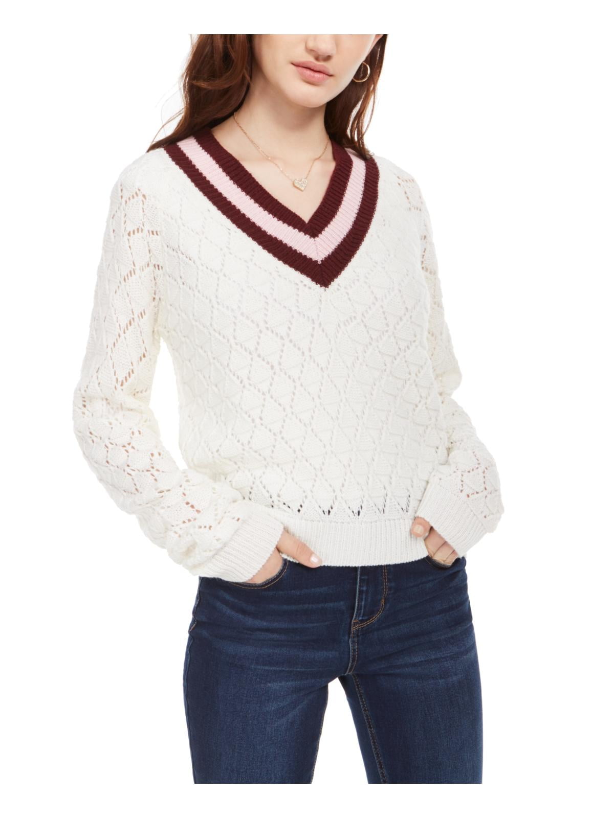 Derek Heart Womens Juniors Knit Open Stitch V-Neck Sweater Ivory L ...