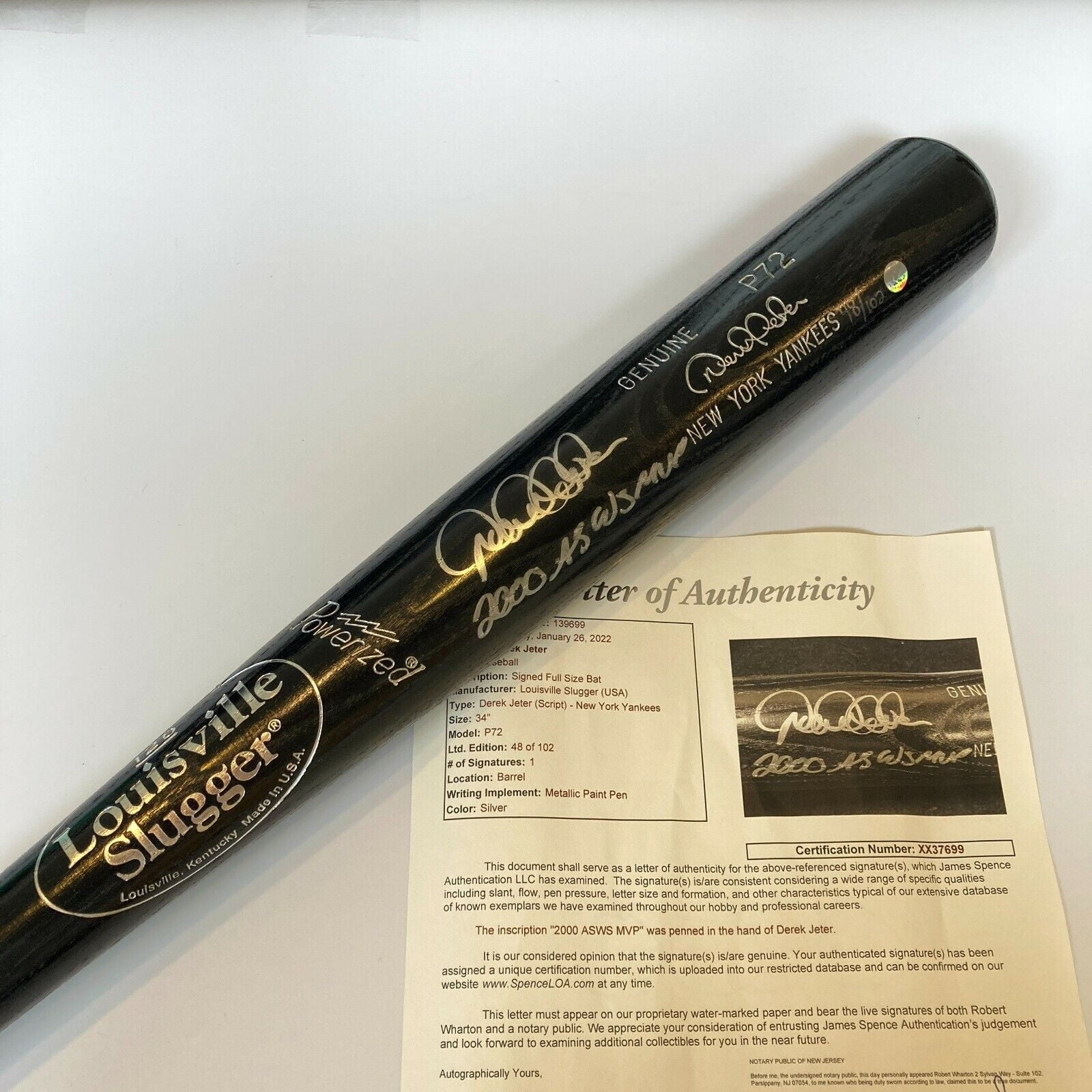 Derek Jeter "2000 All Star Game World Series MVP" Signed Bat With JSA ...