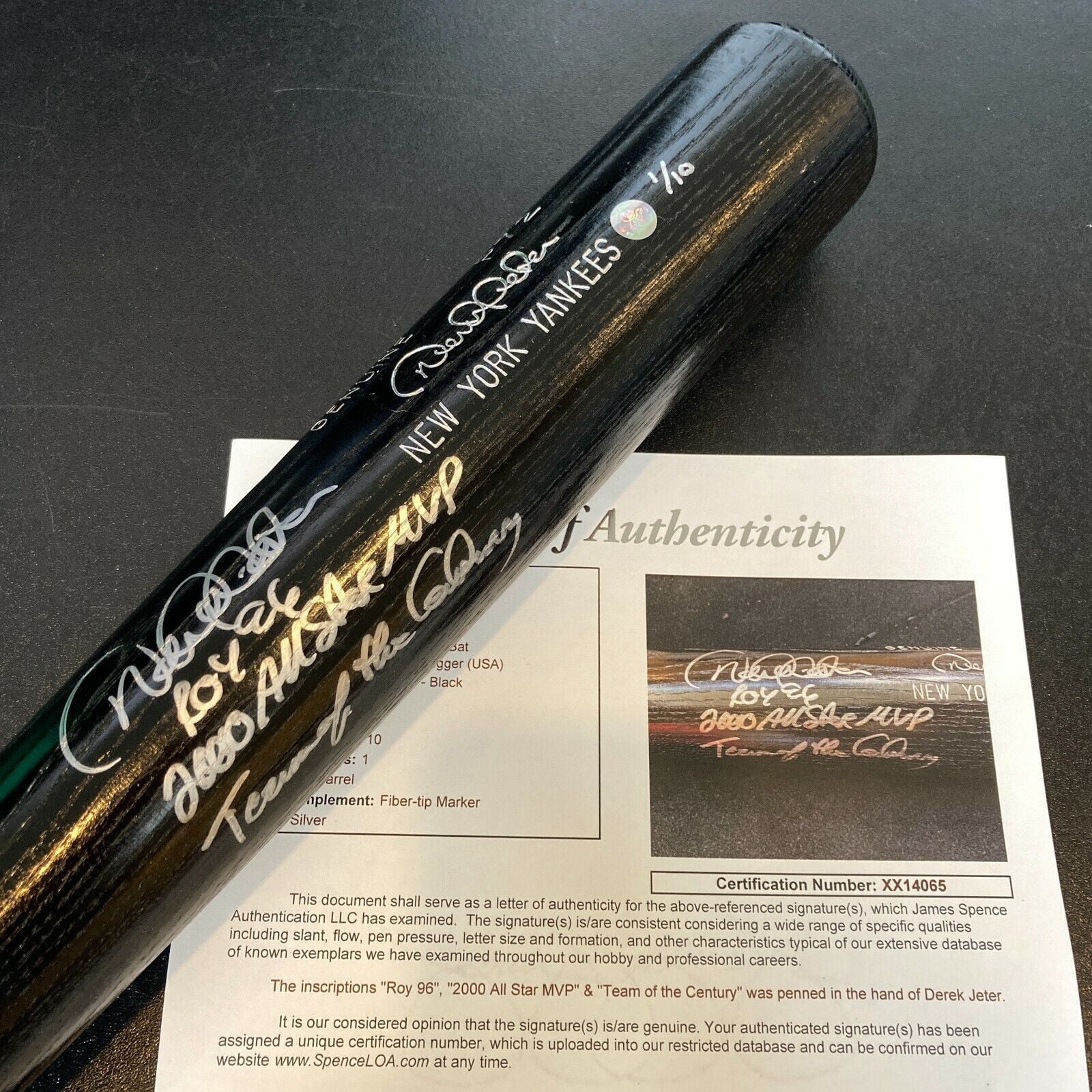 Derek Jeter ROY 1996, 2000 All Star MVP, Team Of The Century Signed Bat ...