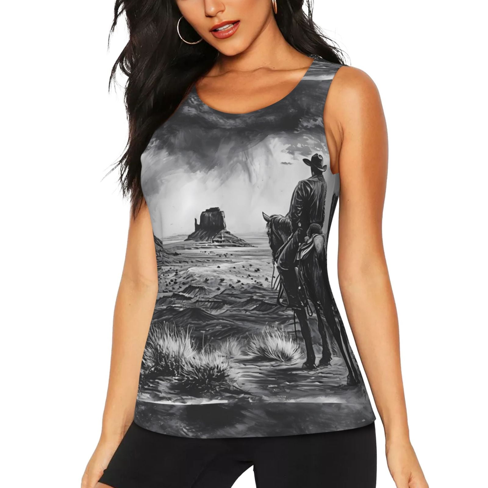 Derioi 60s Black White Western Cowboy for Workout Tops for Women Scoop ...