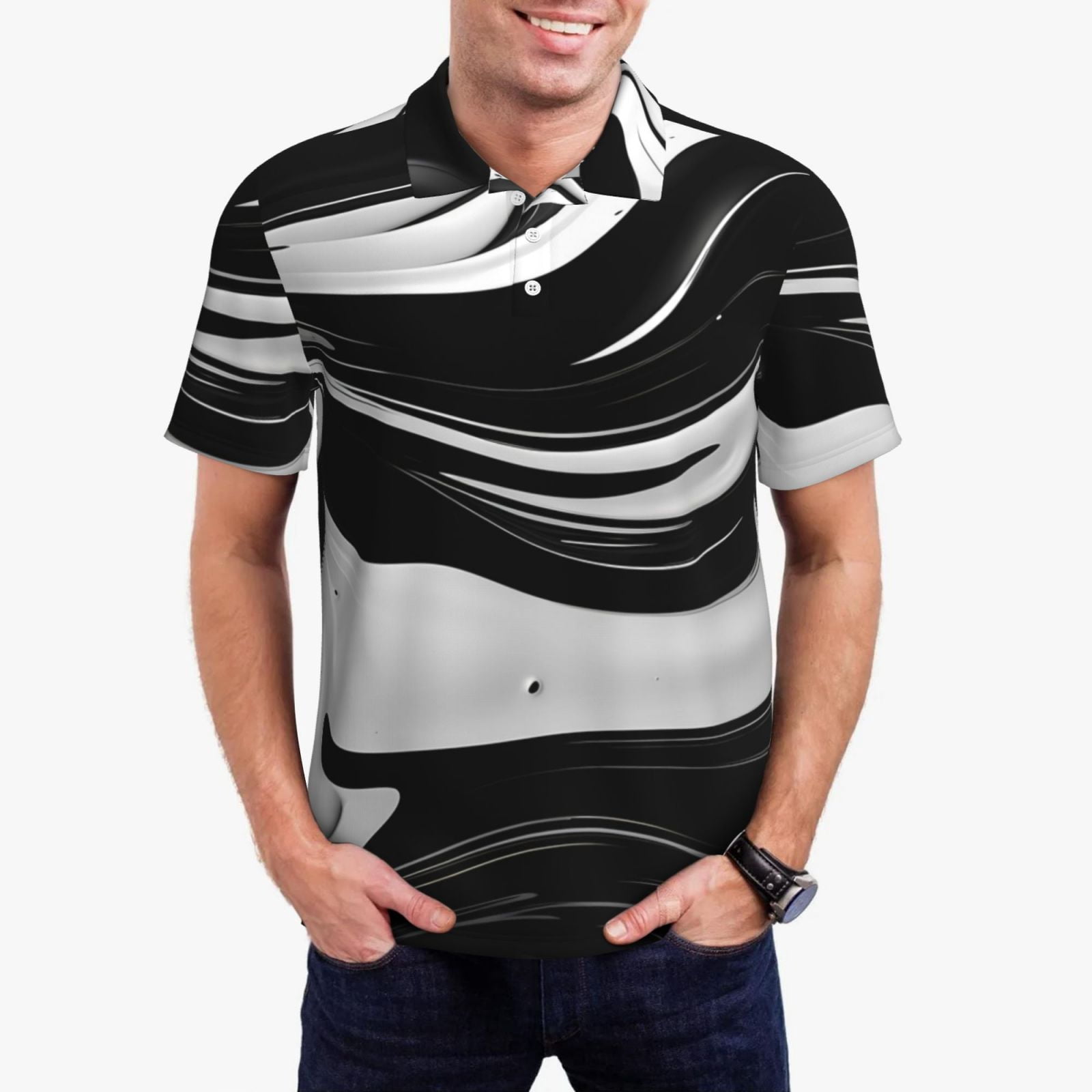 Derioi Abstract Black White Swirls for Men's Polo Shirts Short Sleeve ...