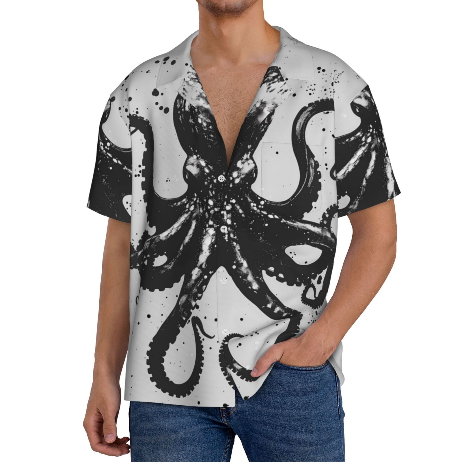 Derioi Abstract Ink Octopus for Men's Cuban Collar Short Sleeve Casual Button Down Shirts Summer ...