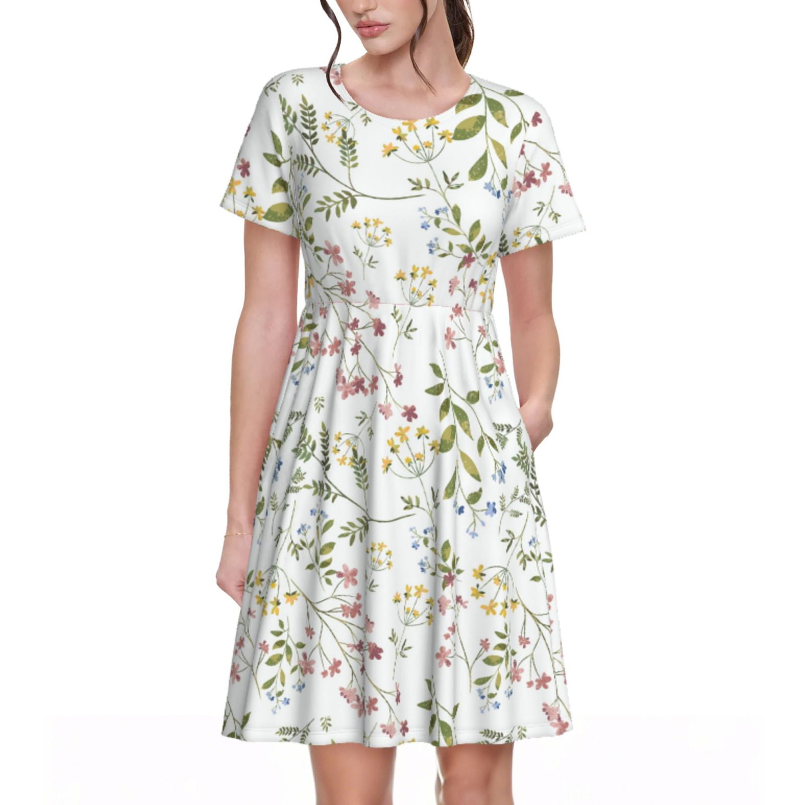 Derioi Aerial Flora for Summer Short Sleeve Swing Dresses with Pockets ...