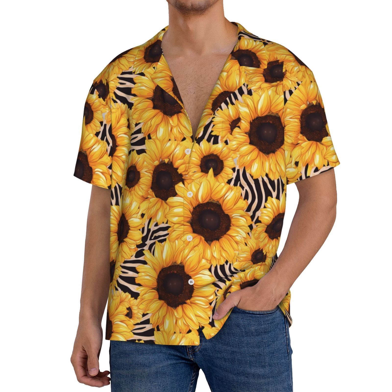 Derioi Artistic Zebra Print Sunflower for Men's Cuban Collar Short ...